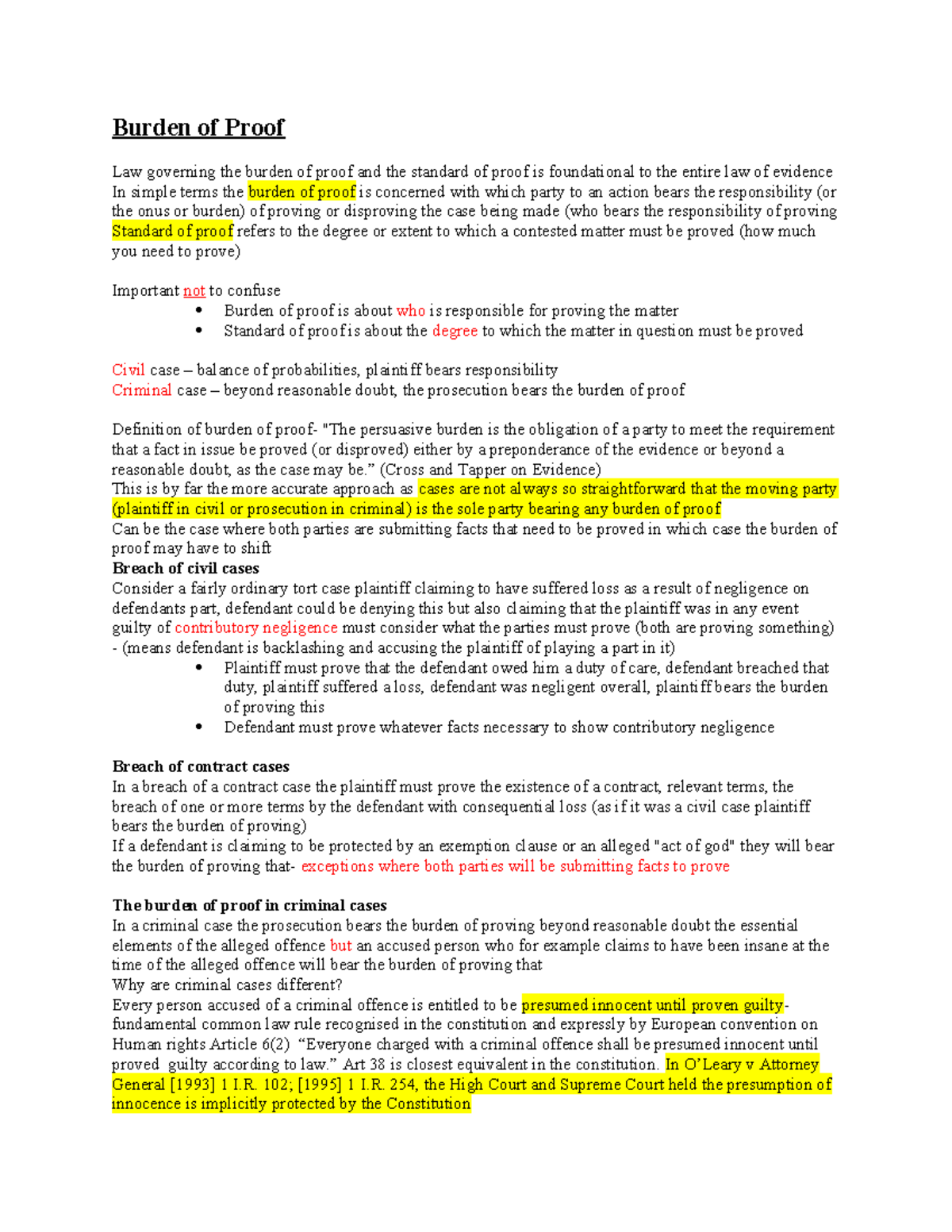 Burden of Proof - notes - Burden of Proof Law governing the burden of ...
