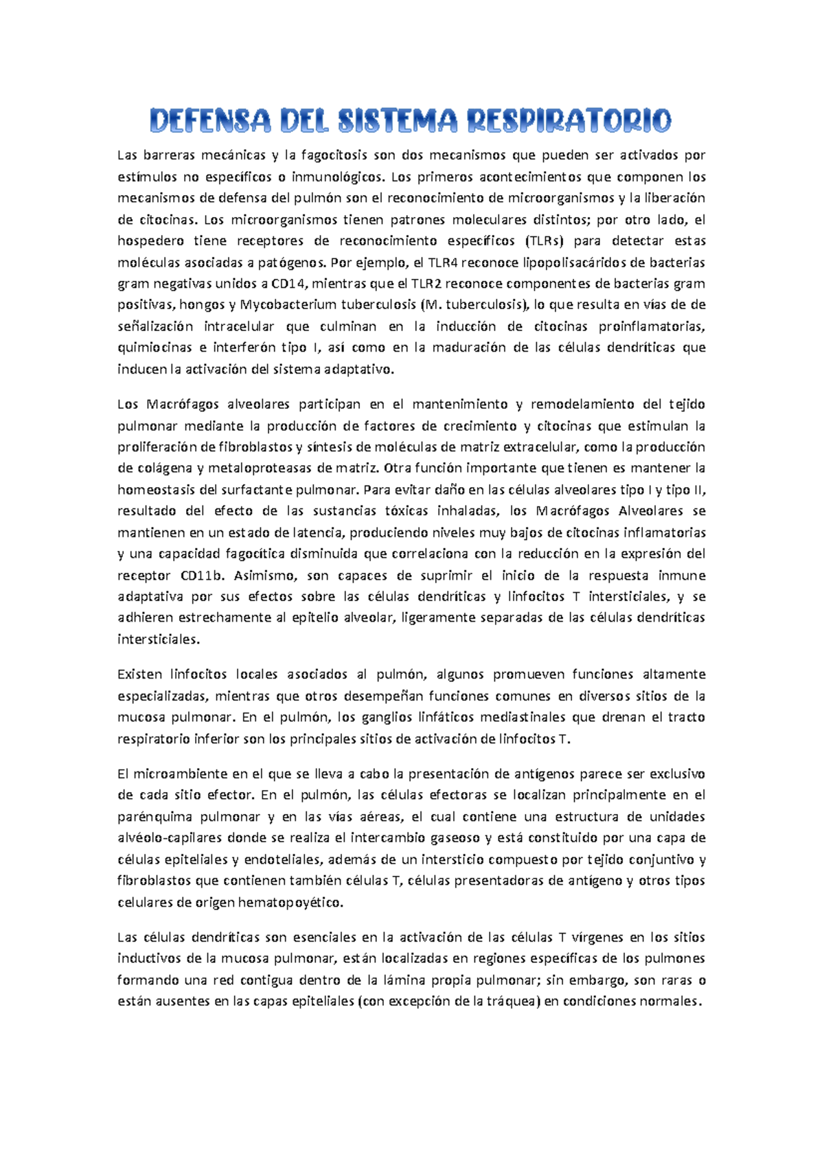 Defensa DEL Sistema Respiratorio - Las barreras mecánicas y la ...
