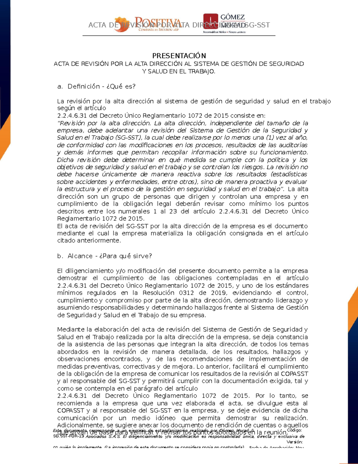SG.SST-FOR-19 ACTA DE Revision DEL SG-SST POR LA ALTA Dirección DE LA Empresa - PRESENTACIÓN ...