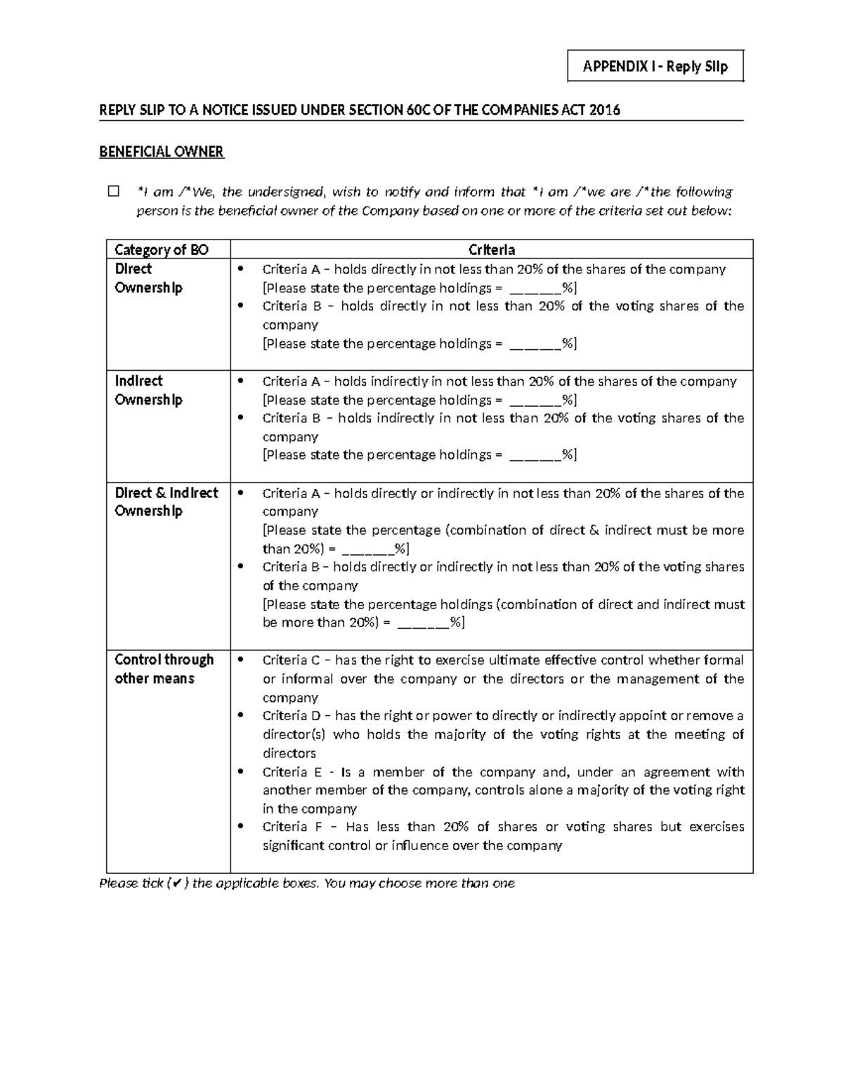 Beneficiary Ownership Reply Slip (Appendix I-Appendix V) - APPENDIX I ...