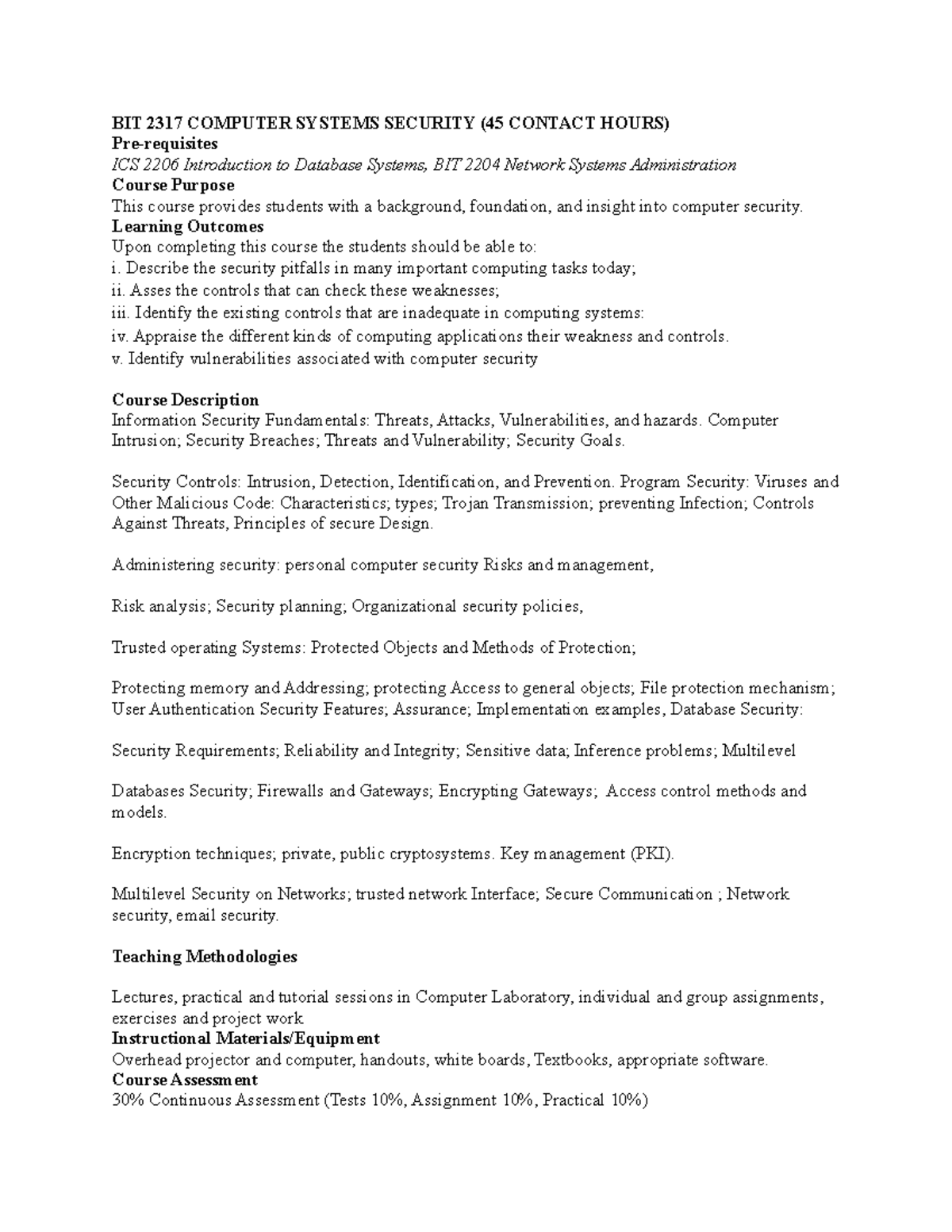 BIT 2317 Computer Systems Security outline - BIT 2317 COMPUTER SYSTEMS SECURITY (45 CONTACT ...