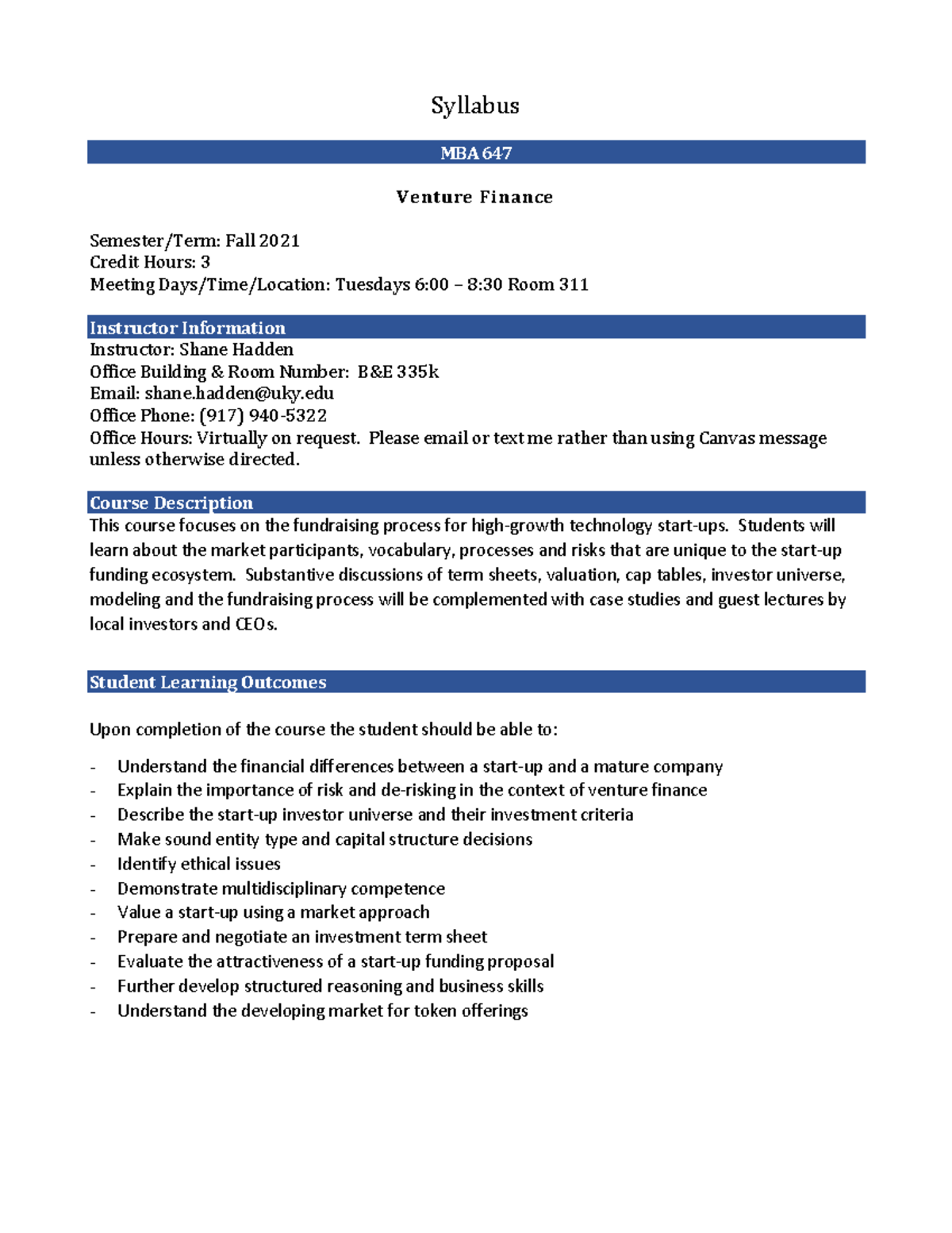 MBA 647 Venture Finance Syllabus - Revised - Syllabus MBA 647 Venture Finance Semester/Term ...