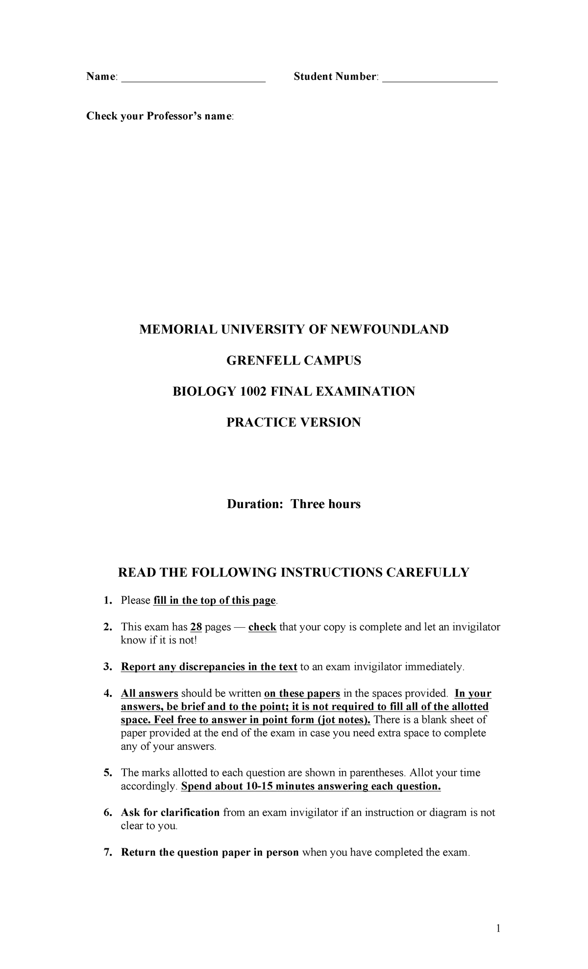 Biology 1002 Sample Final Exam 1 - Name ...