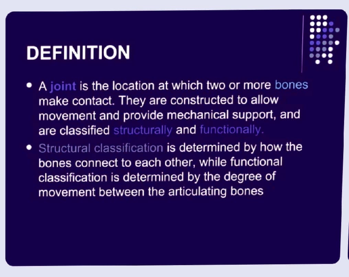 A Joint - DEFINITION A joint is the location at which two or more bones ...