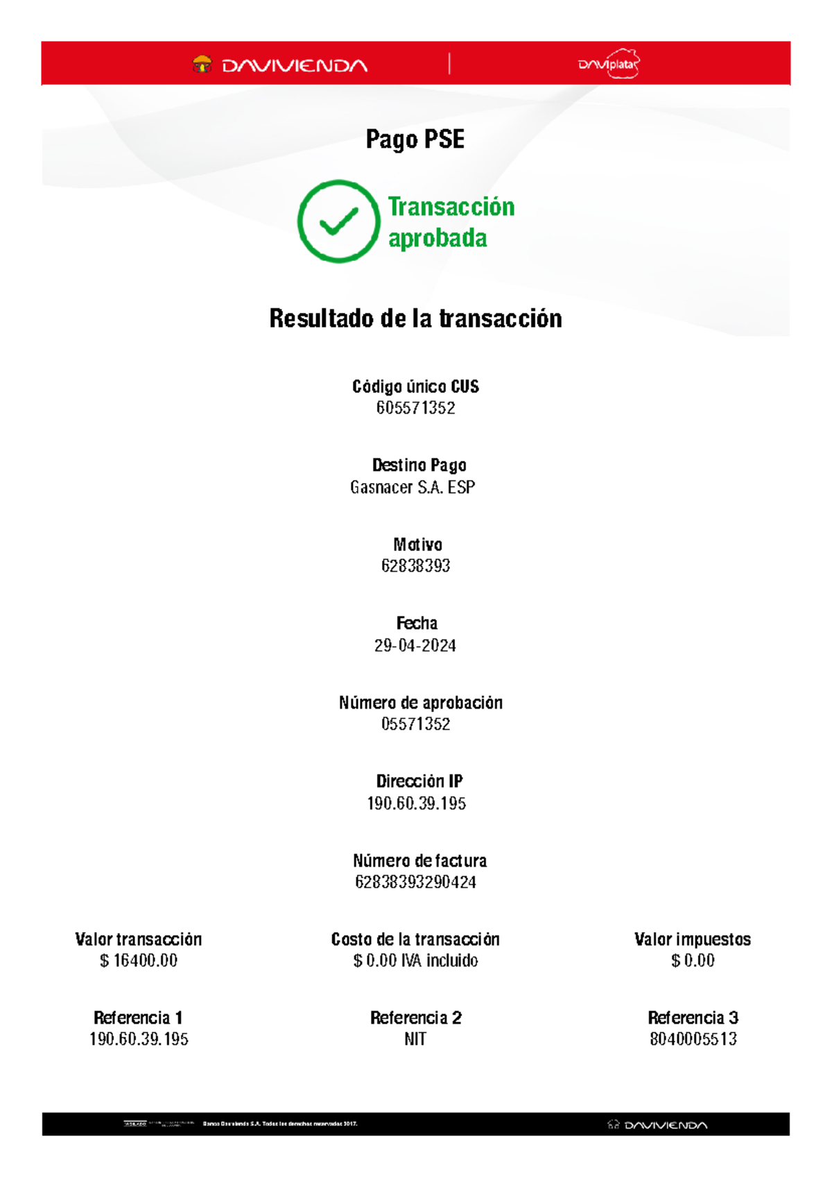 Comprobante PSEDaviplata 20240429185155 - Pago PSE Transacción aprobada ...