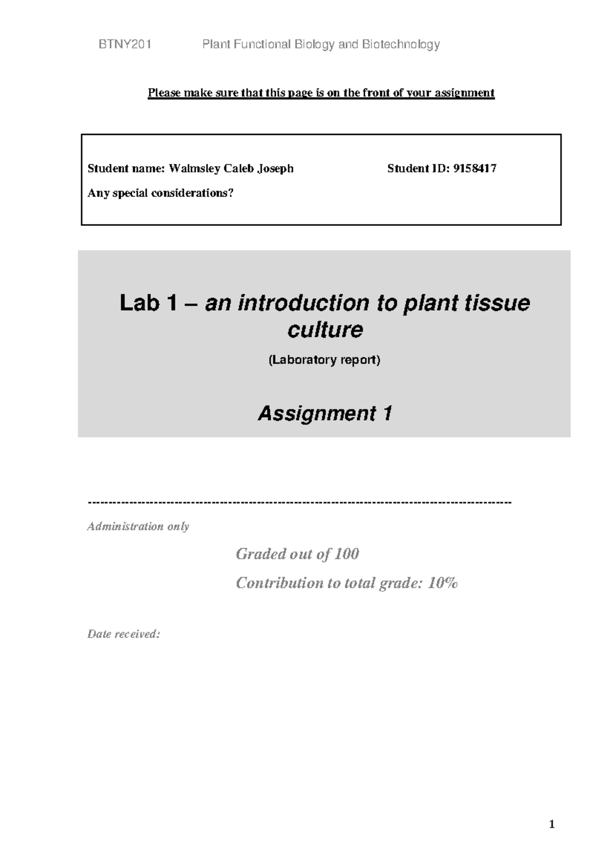 BTNY lab report - plant tissue culture - Please make sure that this ...
