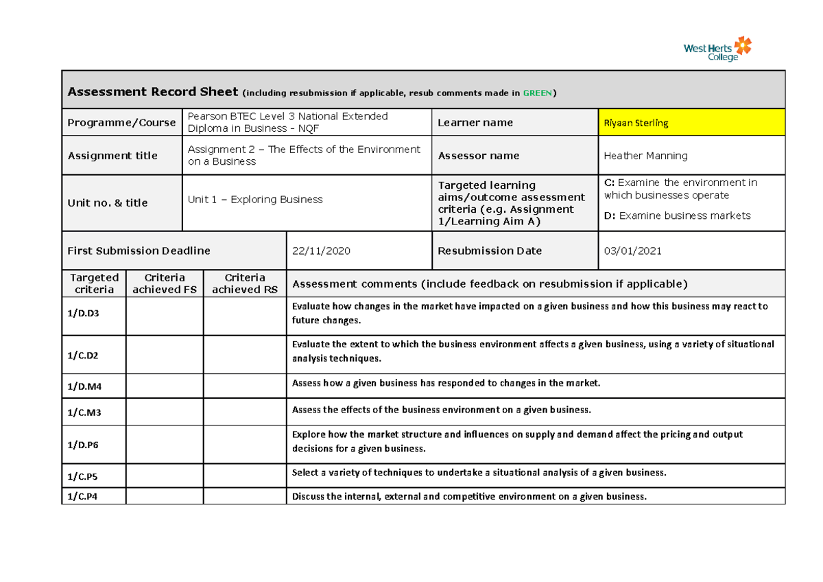 Assignment level 3 business distinction grade - Assessment Record Sheet ...