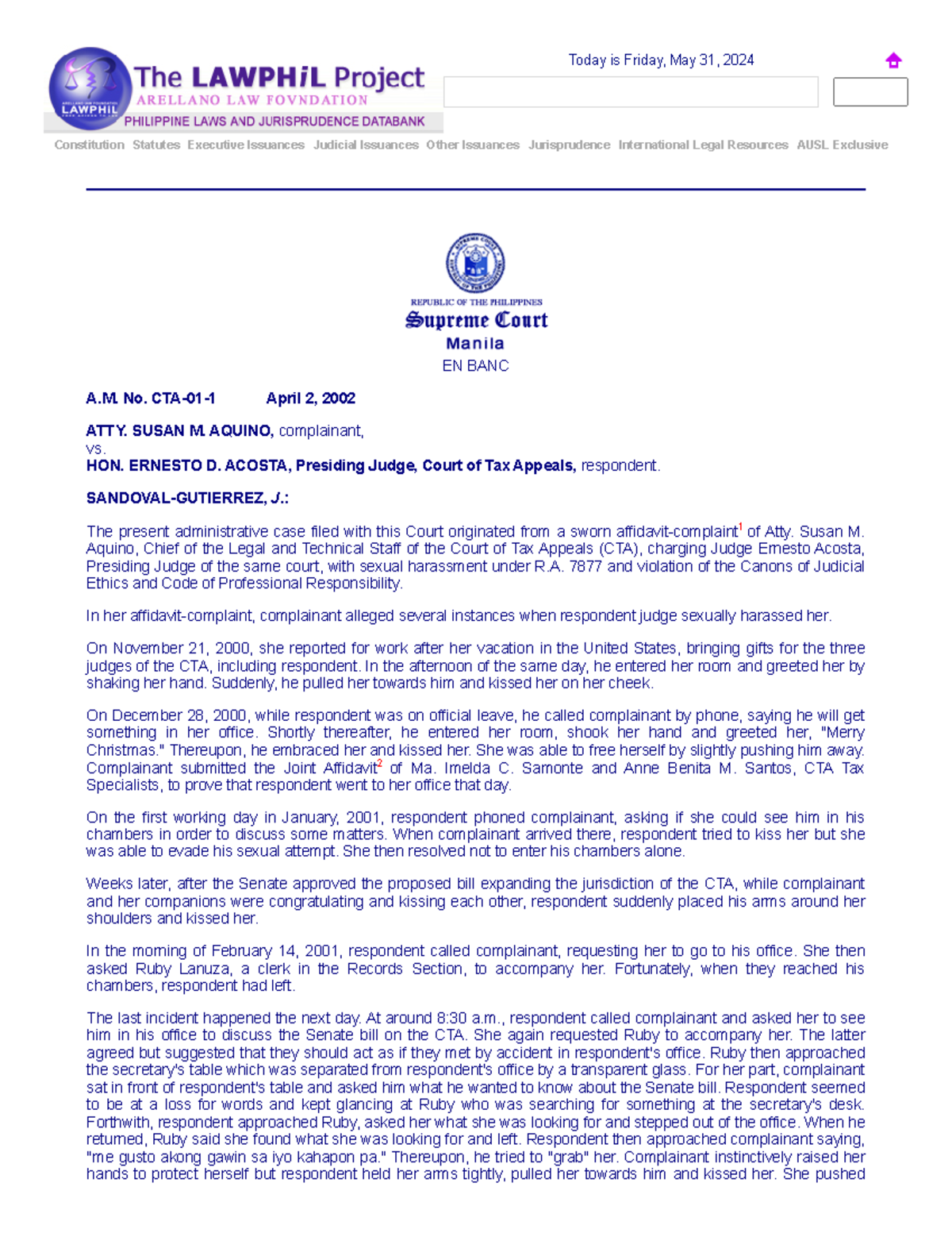 ATTY. Susan Aquino vs. HON. Acosta (A.M. No. CTA-01-1) - Constitution ...