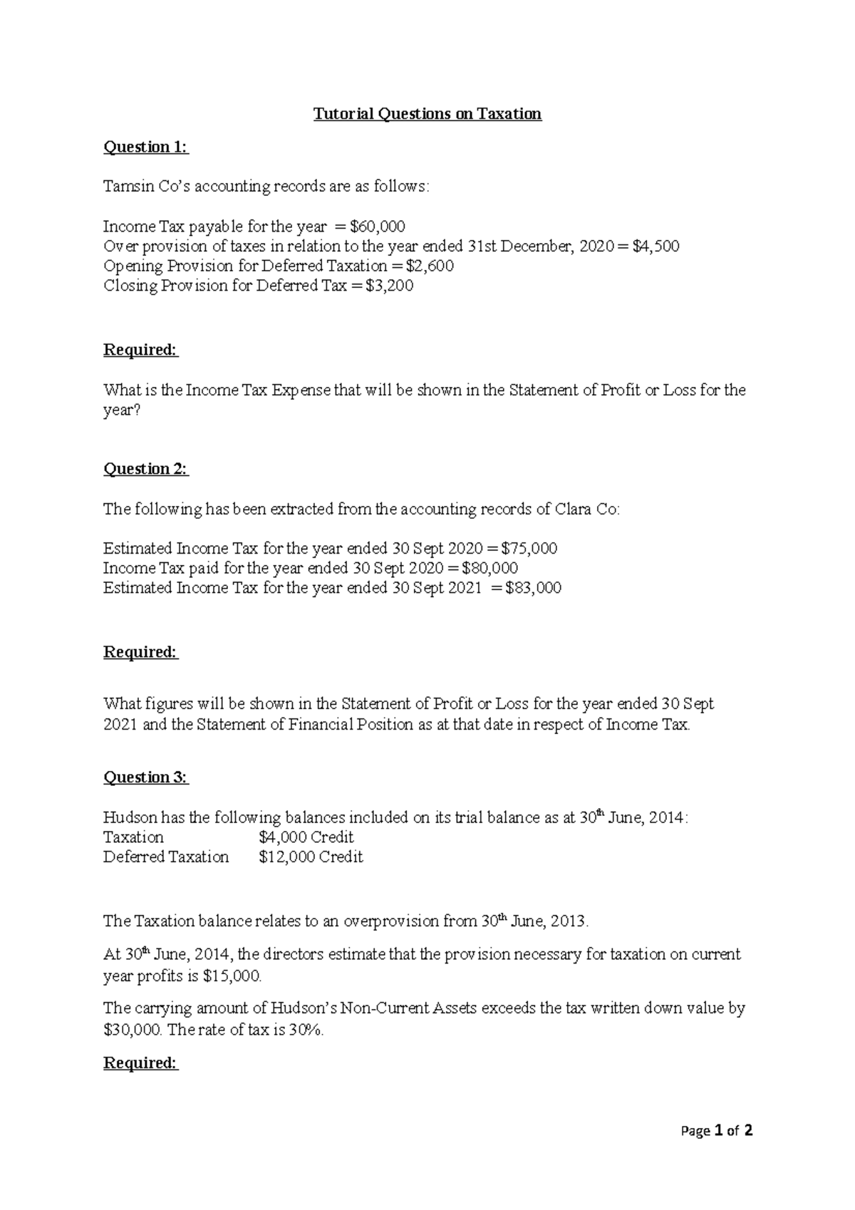 Tutorial Questions on Taxation - Tutorial Questions on Taxation ...