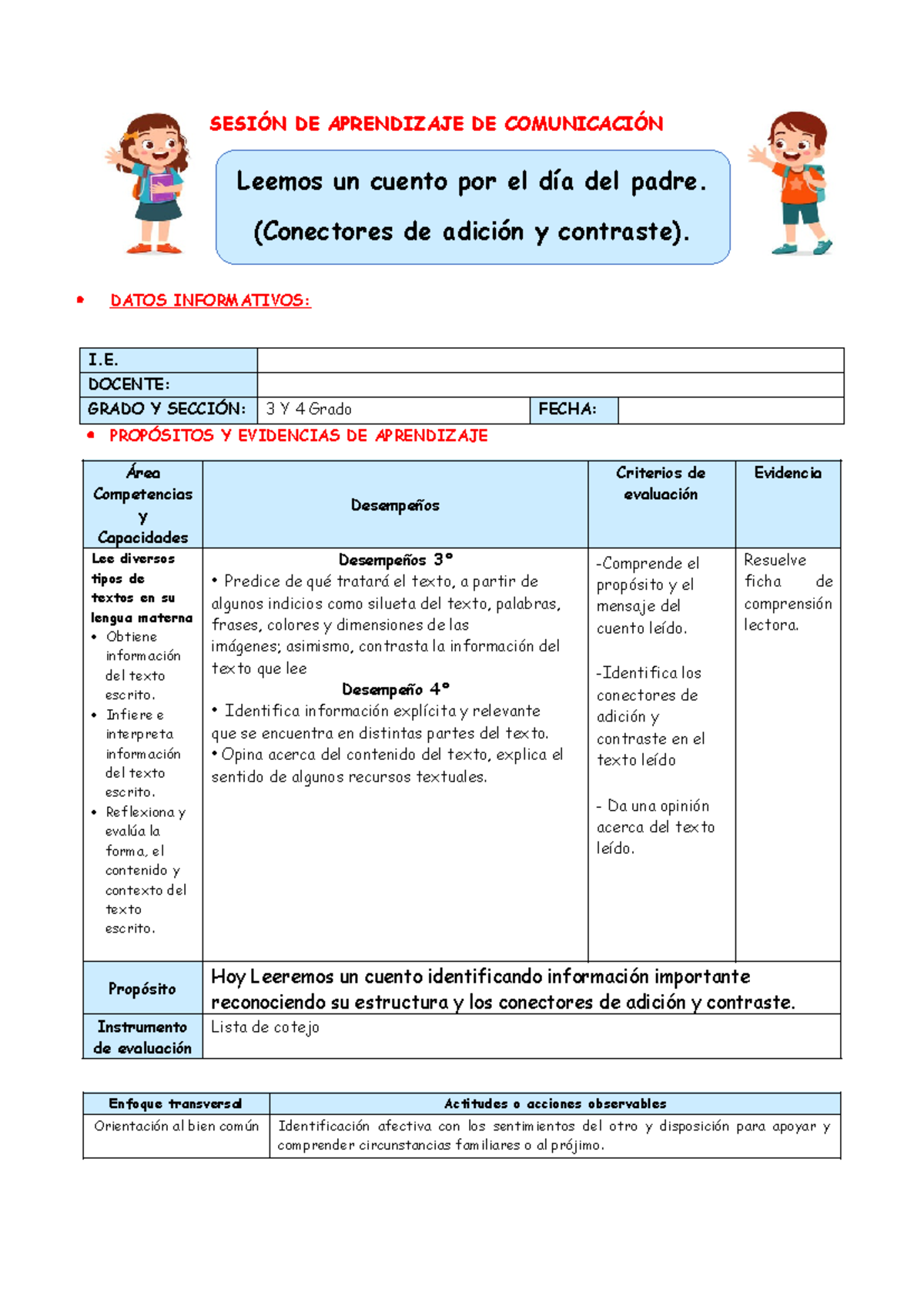 leemos un cuento por el día del padre - SESIÓN DE APRENDIZAJE DE COMUNICACIÓN DATOS INFORMATIVOS ...
