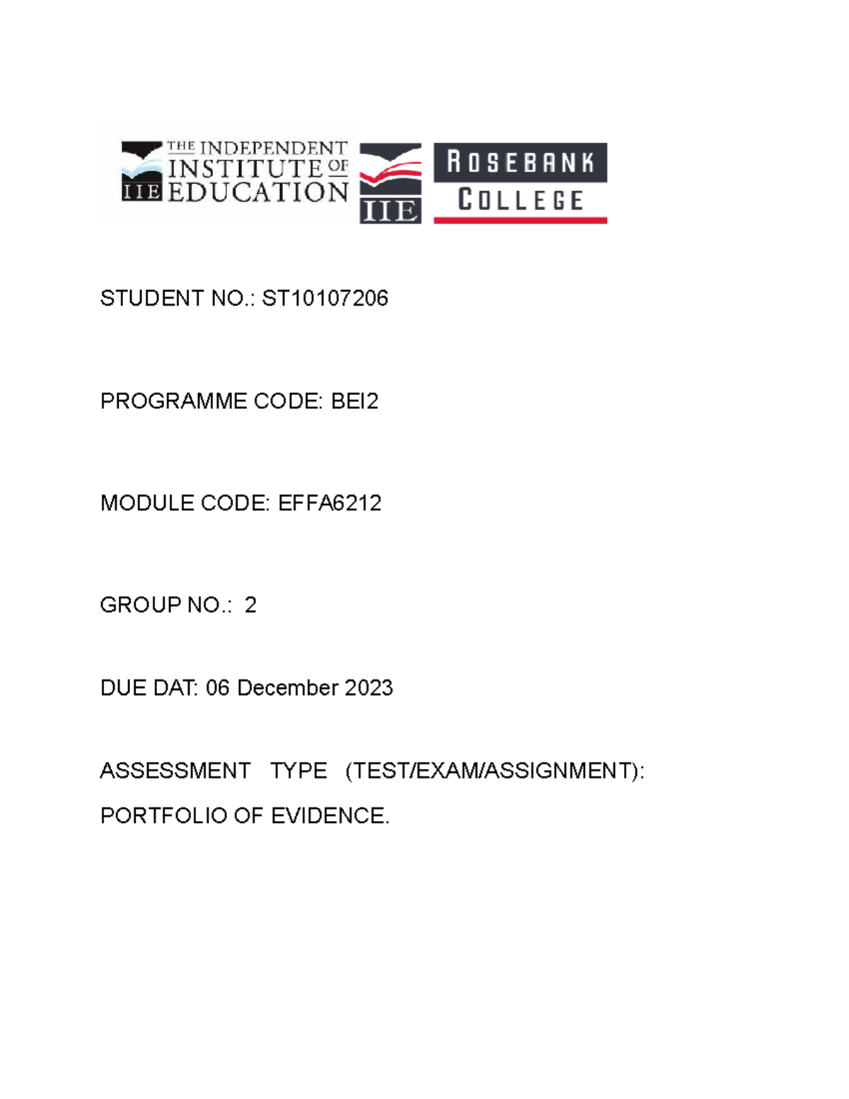 EFFA, POE - STUDENT NO.: ST PROGRAMME CODE: BEI MODULE CODE: EFFA GROUP ...