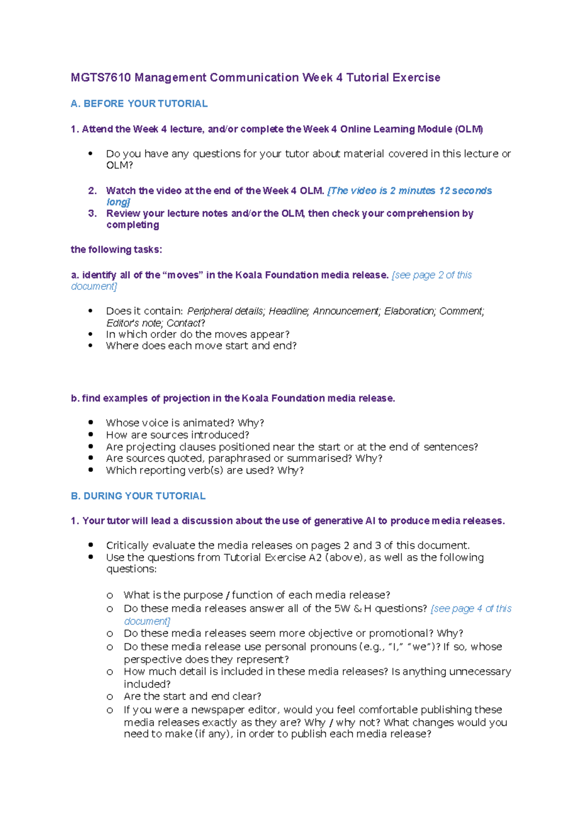 MGTS7610 tut 3 - tutorial - MGTS7610 Management Communication Week 4 Tutorial Exercise A. BEFORE ...