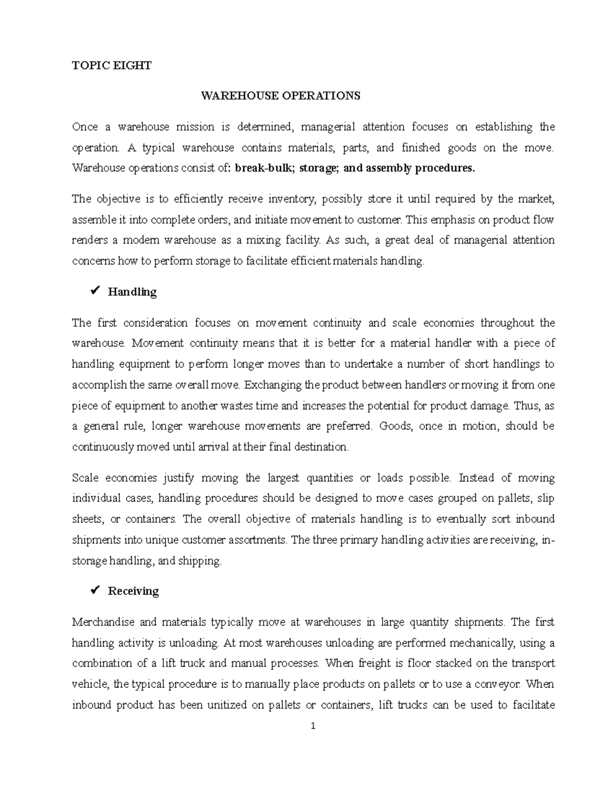 Lesson 8 notes warehouse operations - TOPIC EIGHT WAREHOUSE OPERATIONS ...