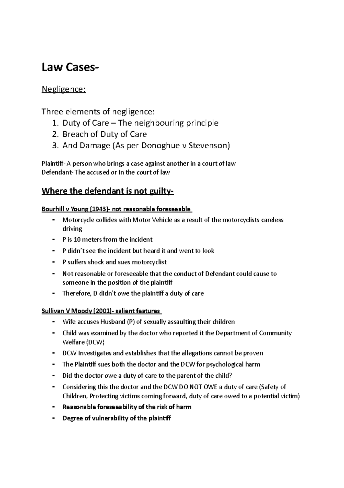Negligence case laws - Lecture notes 1-3 - Law Cases- Negligence: Three ...