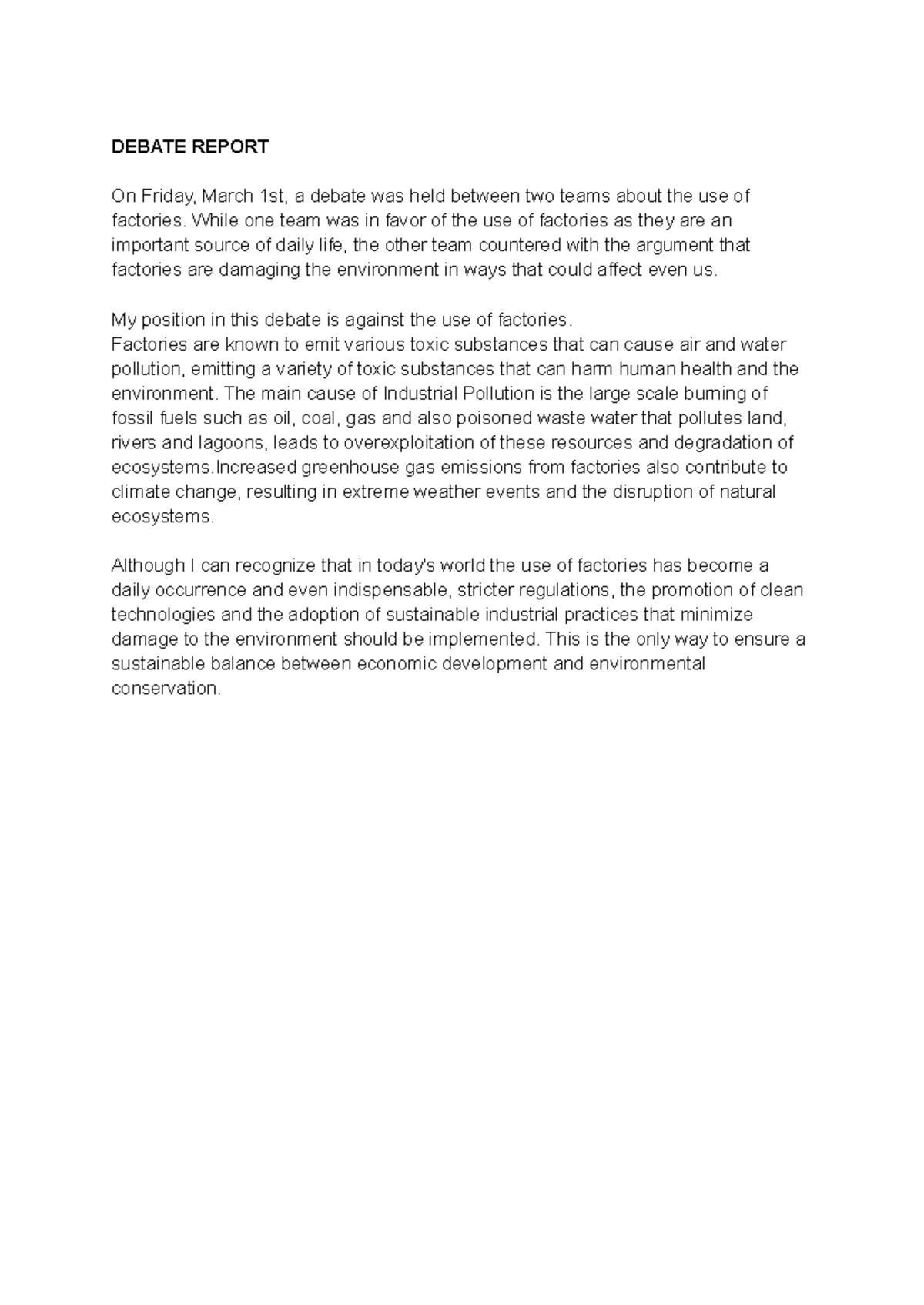 Debate Report - DEBATE REPORT On Friday, March 1st, a debate was held ...