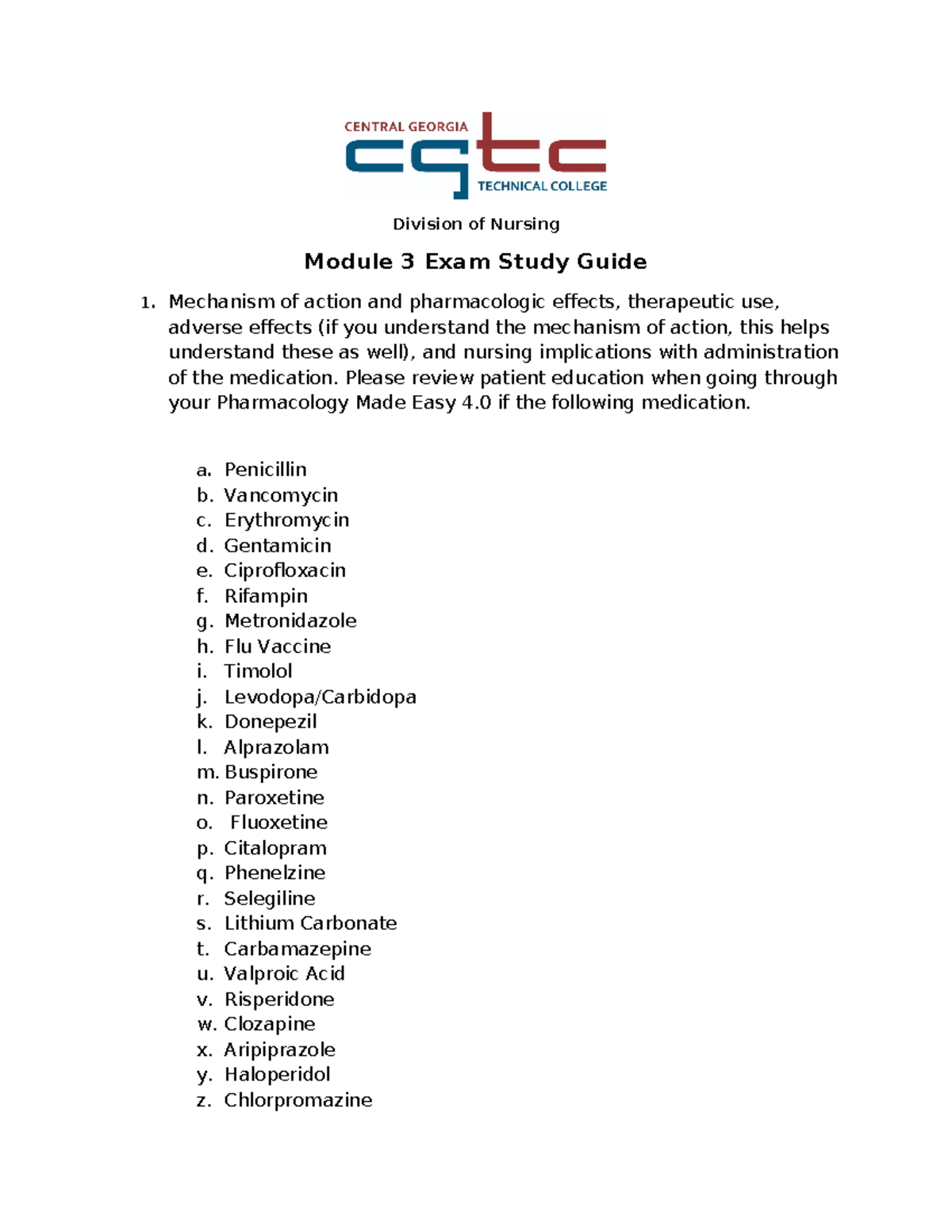 Module 3 Exam Study Guide: Medication List and Nursing Implications ...