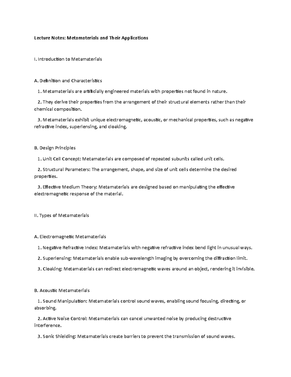 Lecture Notes: Metamaterials and Their Applications - Introduction to ...