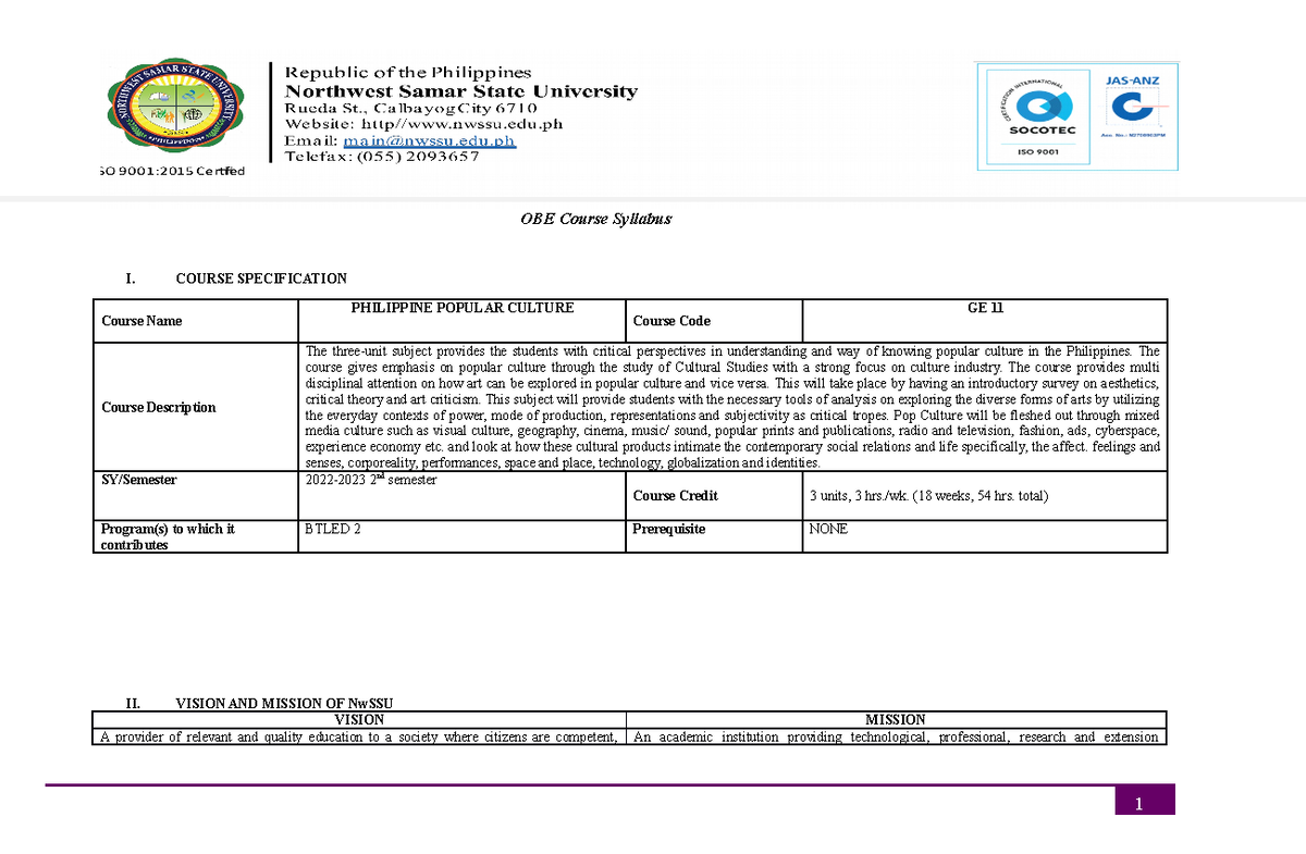 Course Syllabus IN Philippine Popular Culture - 1 OBE Course Syllabus I ...