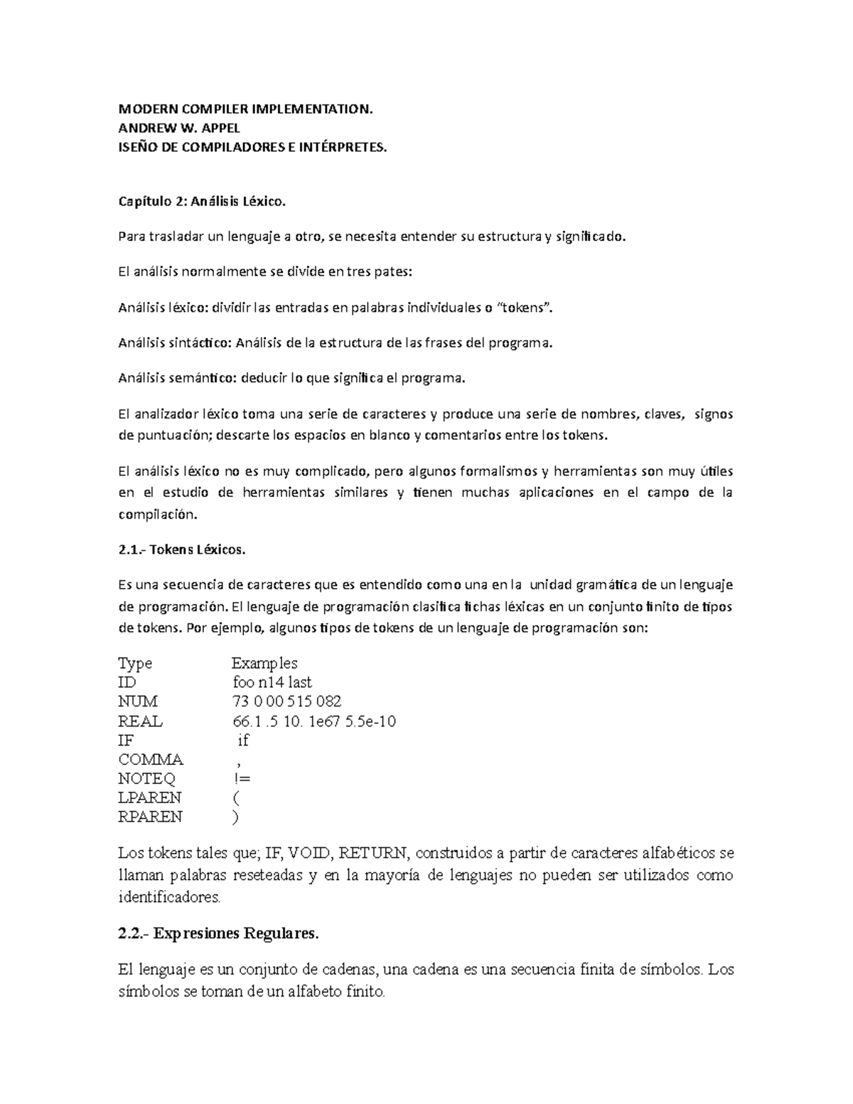 Capítulo 2 - MODERN COMPILER IMPLEMENTATION. ANDREW W. APPEL DE ...