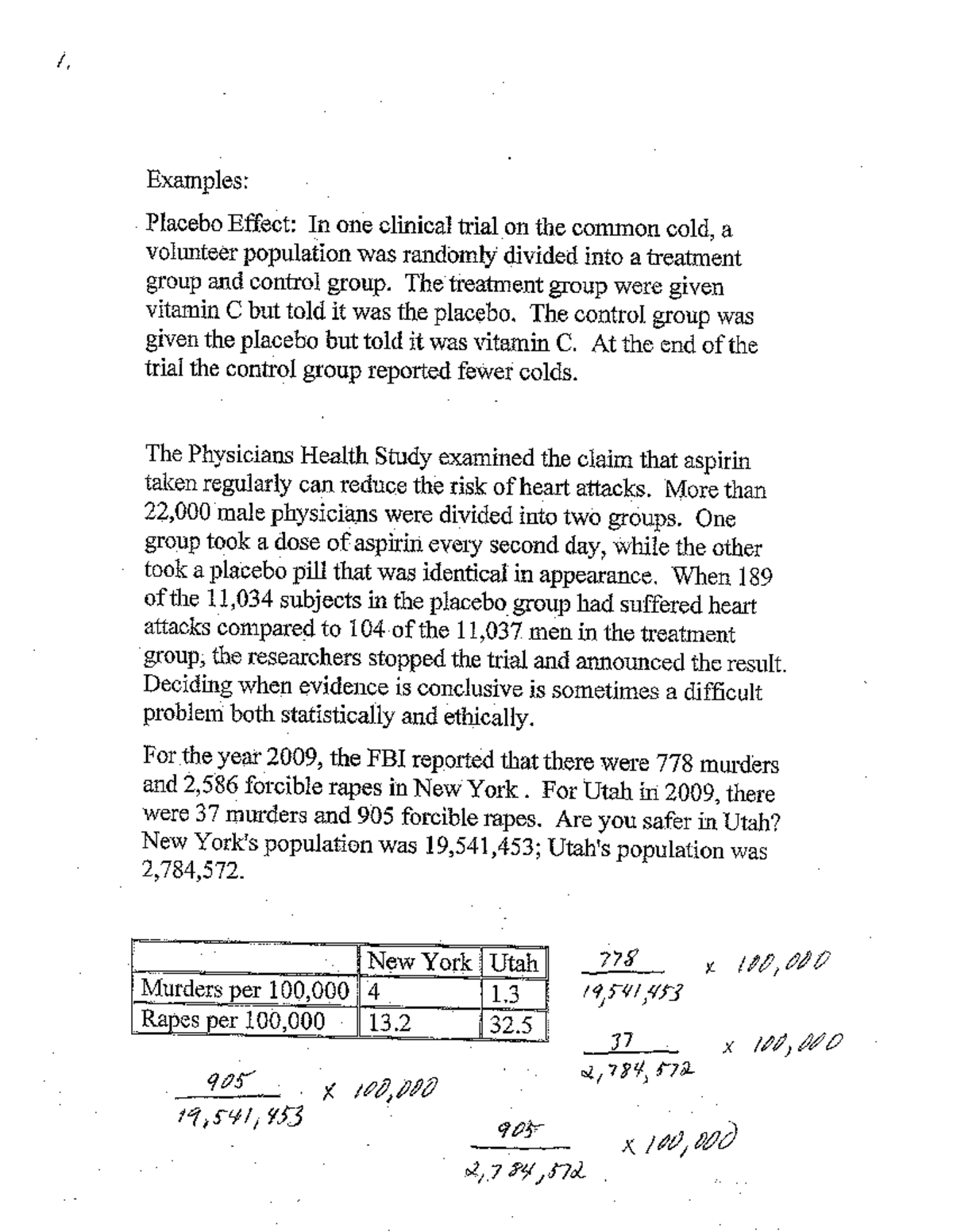 Chapter 2 - Lecture notes 2 - Examples: Placebo Effect: In one clinical ...