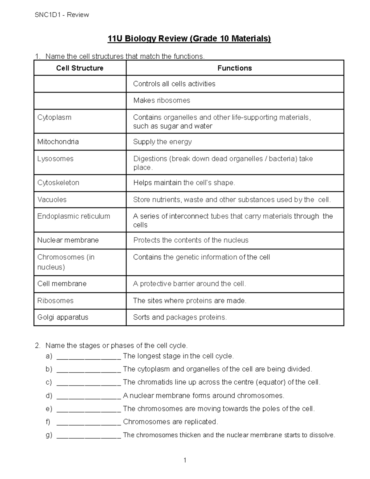 Tim Biology gr10 Review Blank - 11U Biology Review (Grade 10 Materials ...