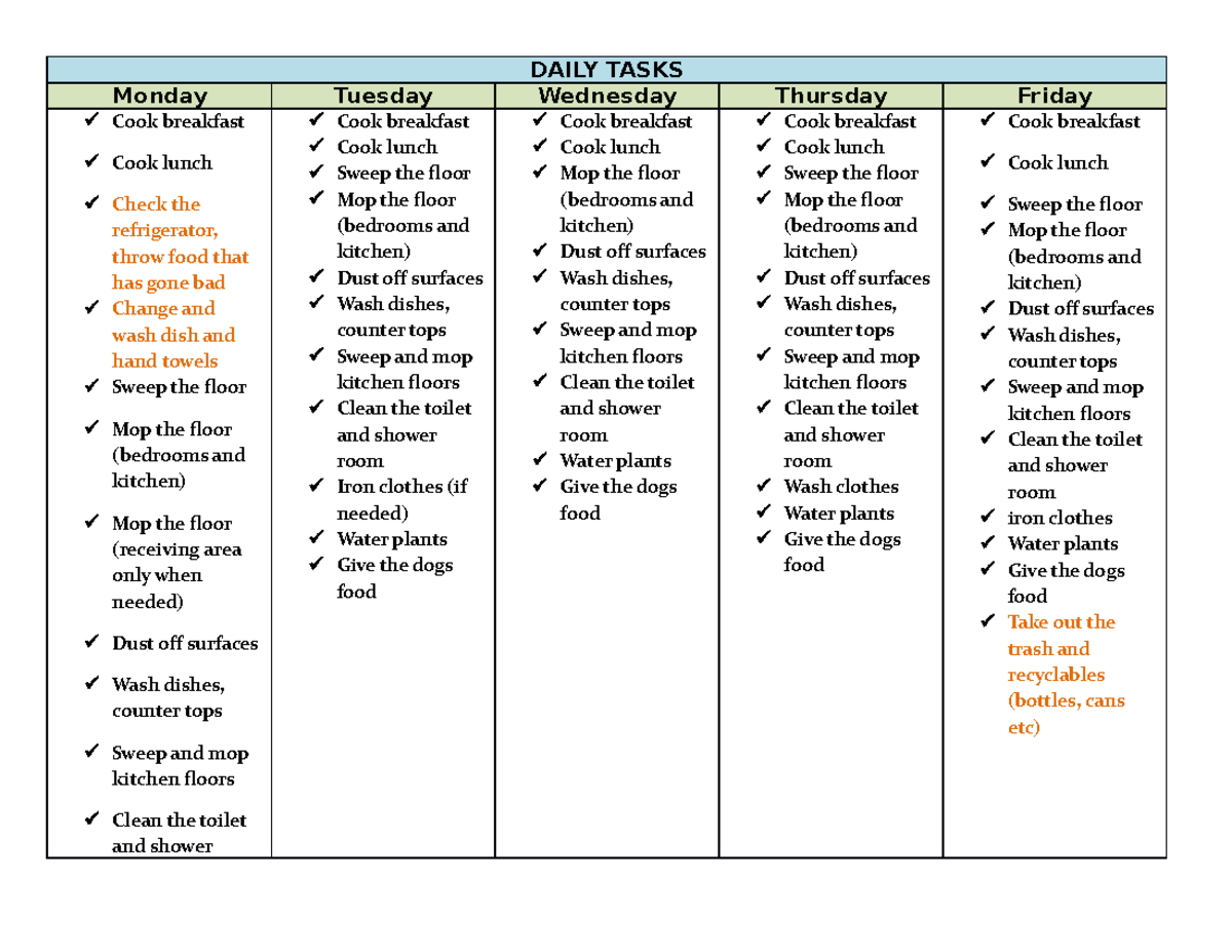 Daily Tasks - task - DAILY TASKS Monday Tuesday Wednesday Thursday ...