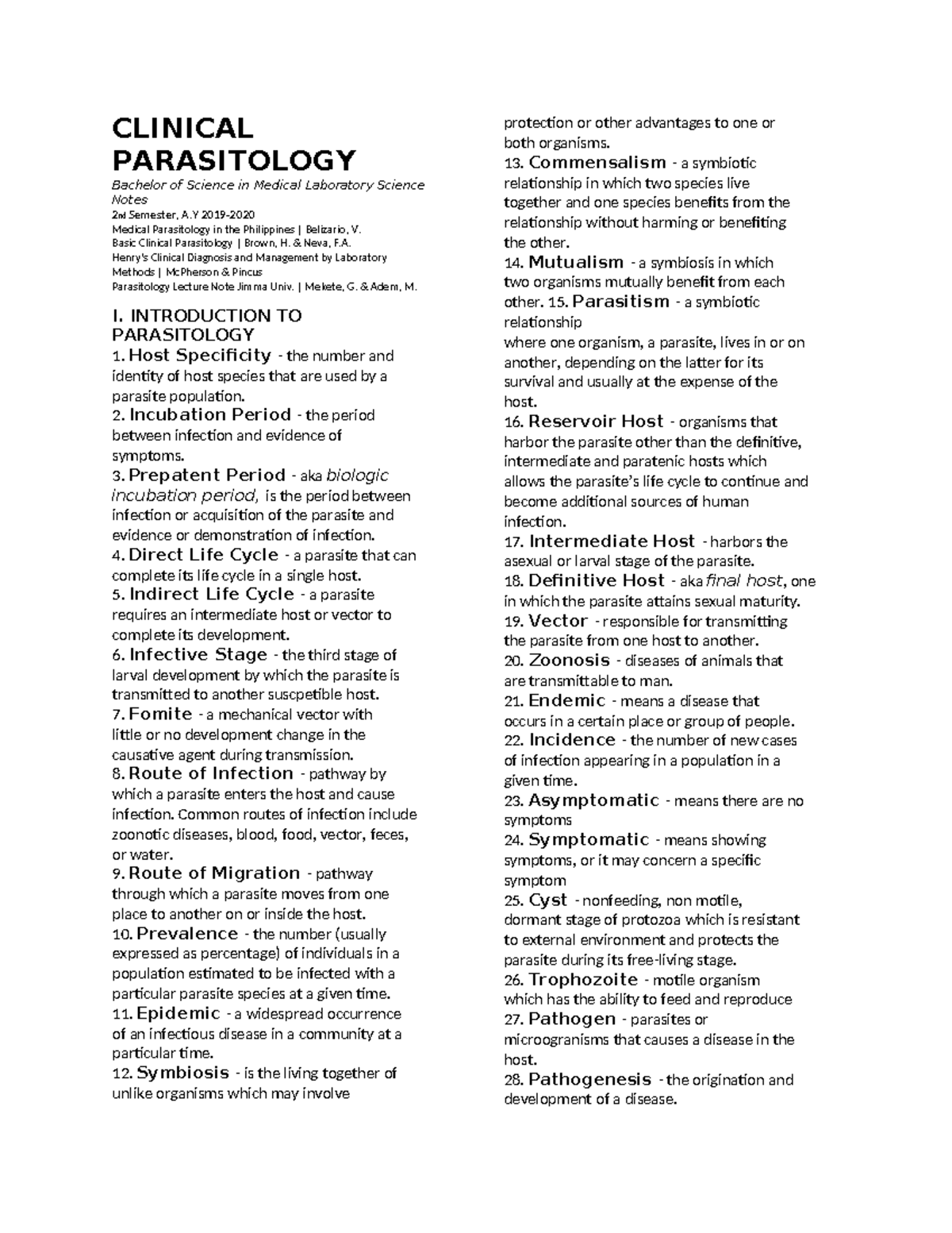 Para notes - CLINICAL PARASITOLOGY Bachelor of Science in Medical ...