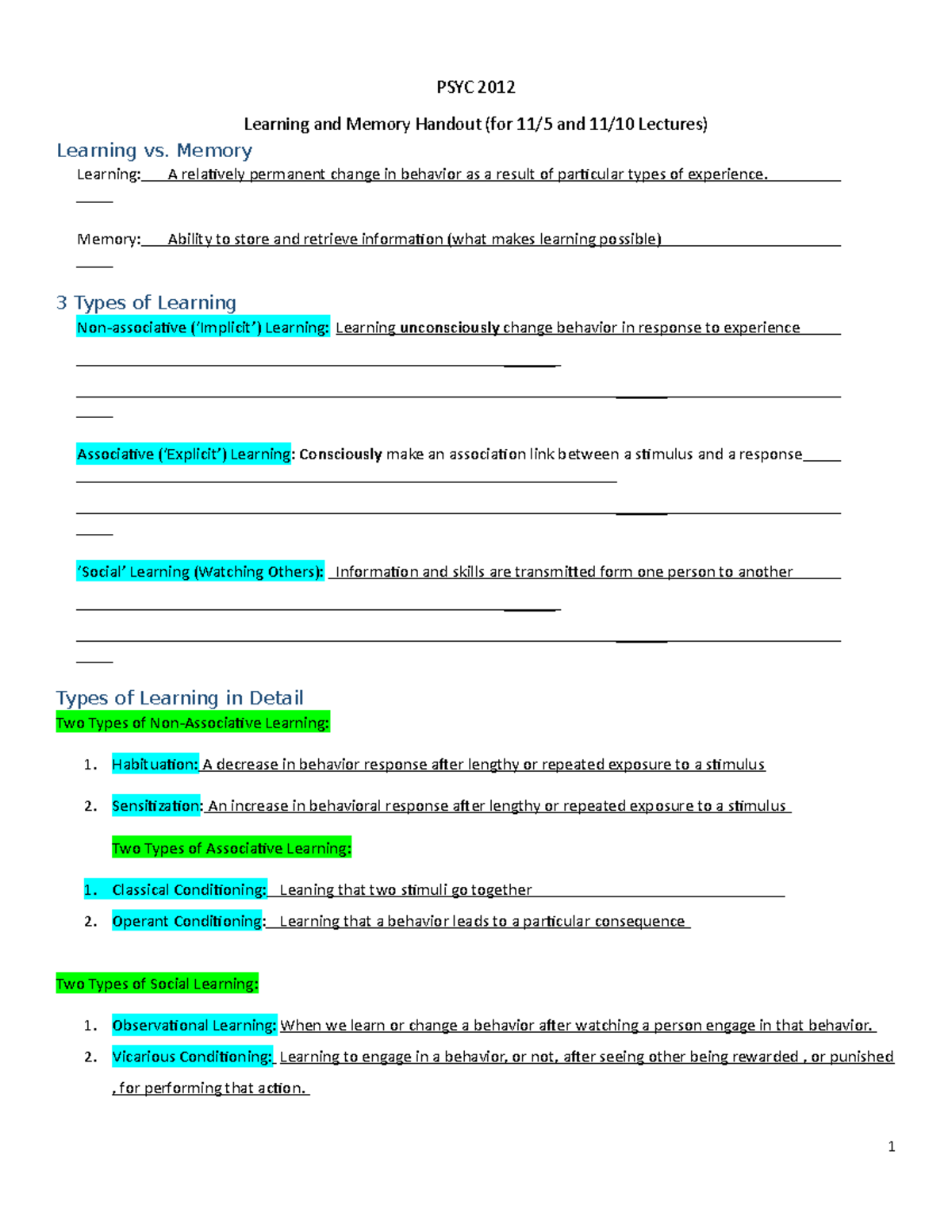 Psyc 2012 Learning And Memory Handout For 11 5 And 11 10 Memory Learning A Relatively