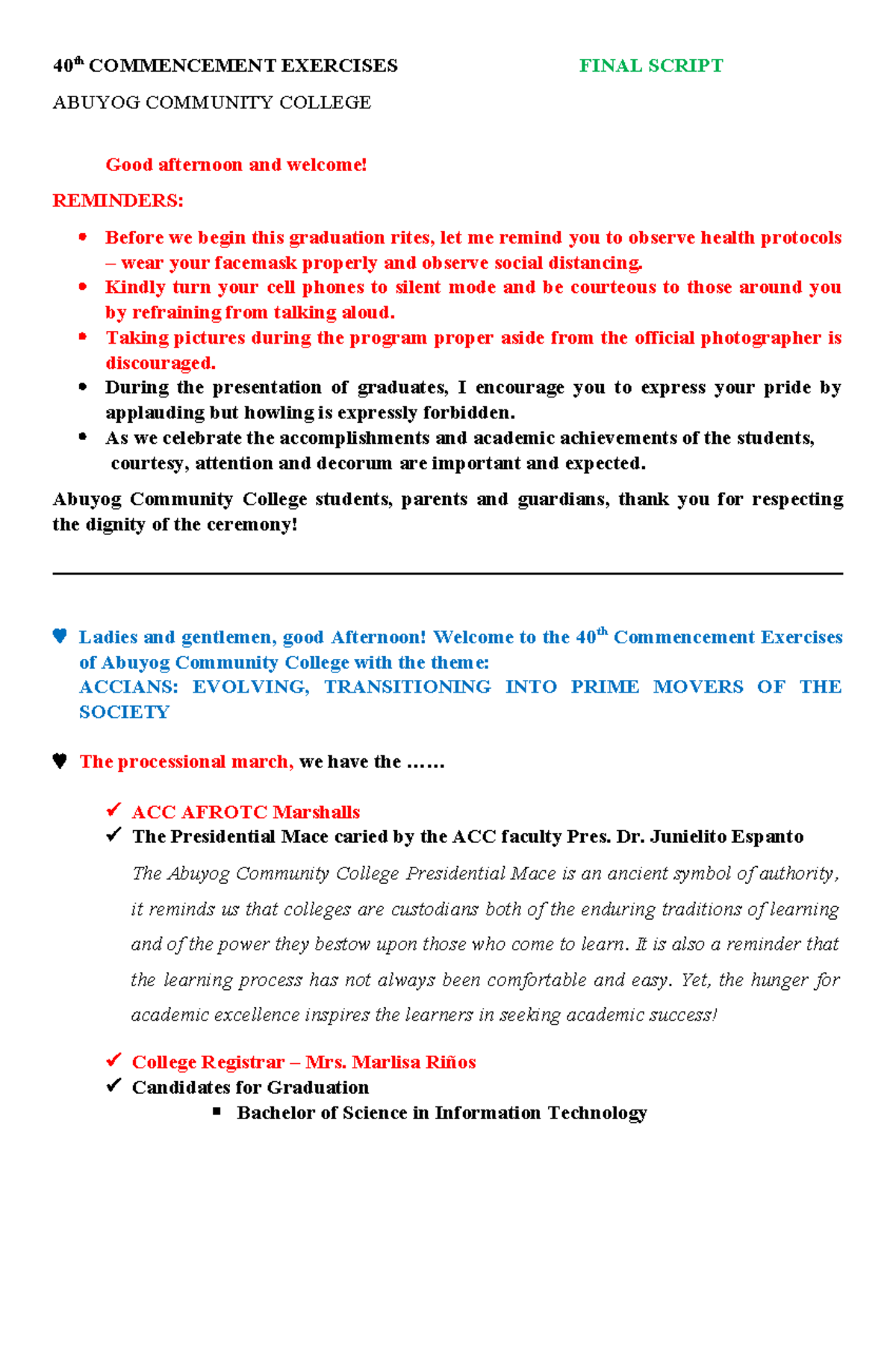 Final GRAD Script FOR 39TH - 40 th COMMENCEMENT EXERCISES FINAL SCRIPT ...