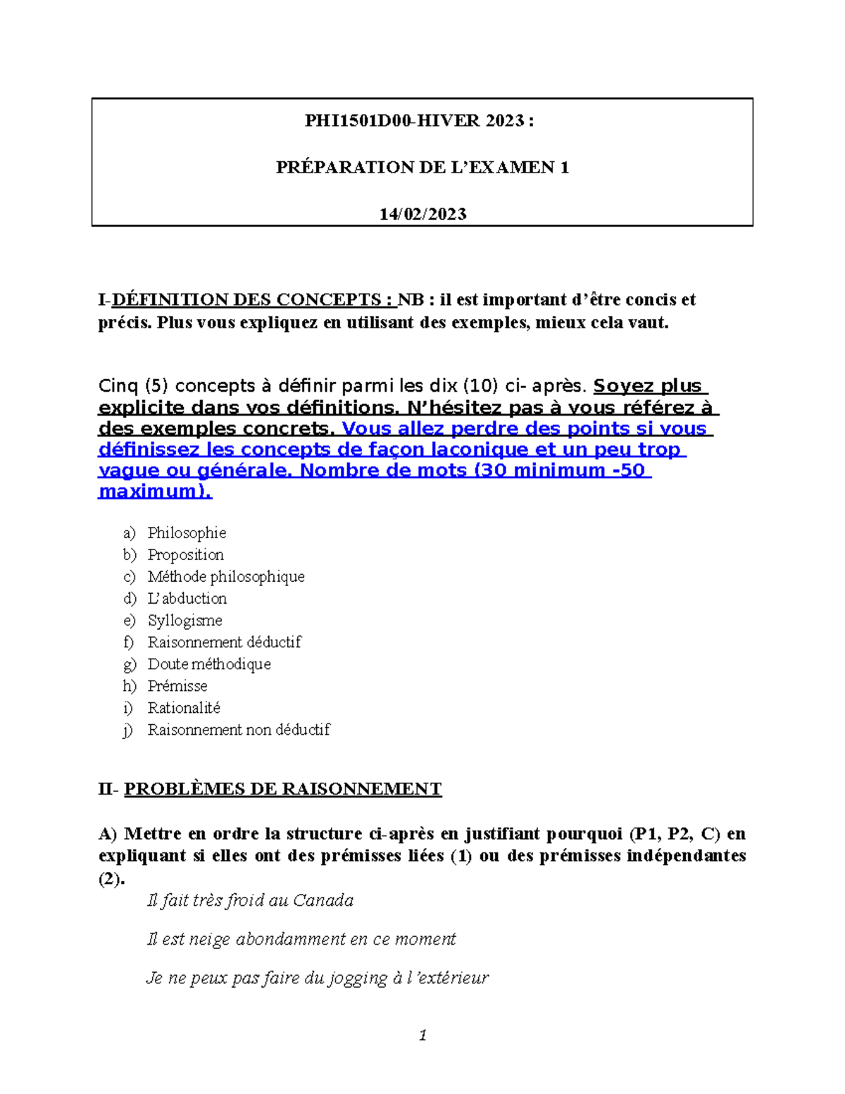Préparation à l'Examen 1. PHI1501 D00 Hiver 2023 - PHI1501D00-HIVER ...