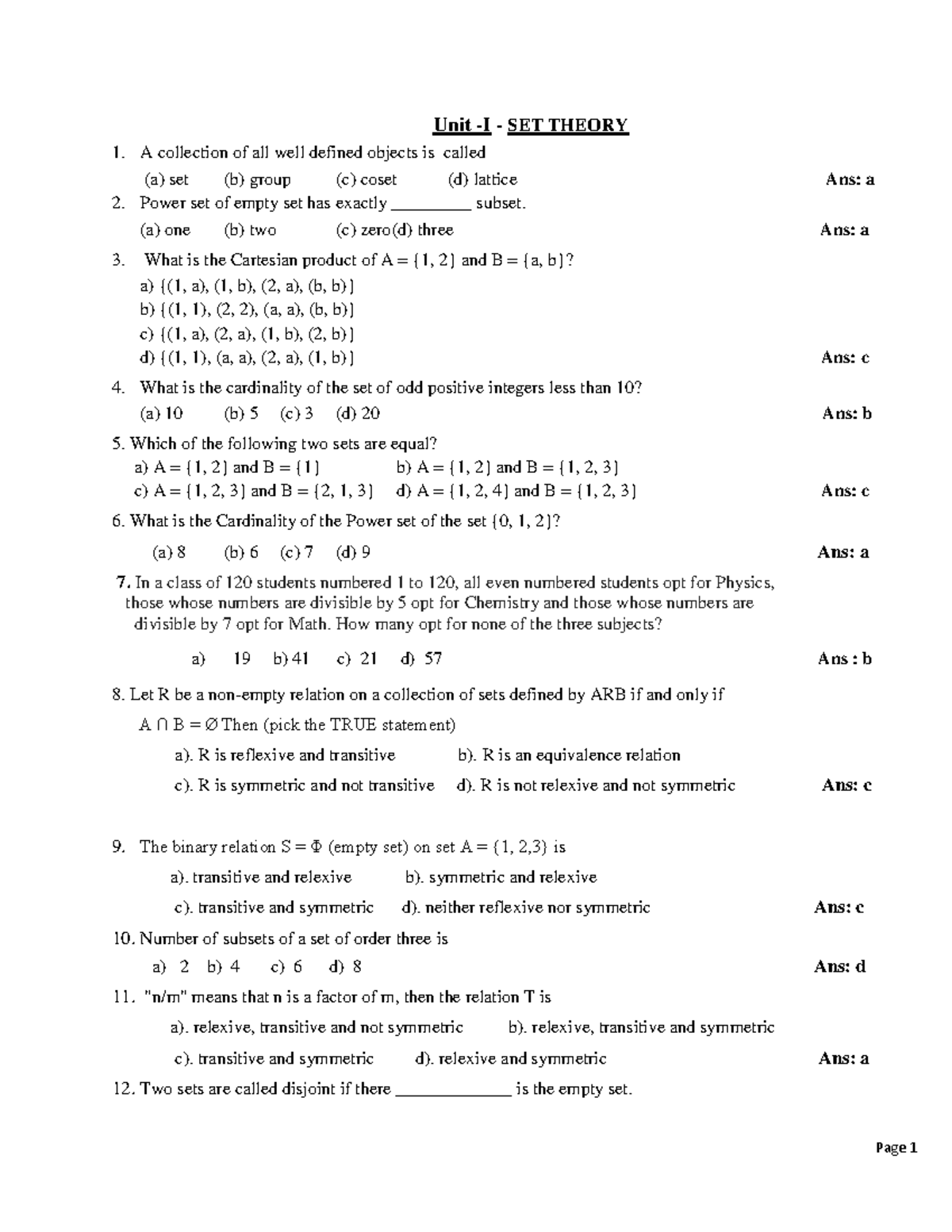 18 MAB 302T -MCQ -Set Theory - Unit -I - SET THEORY A collection of all ...