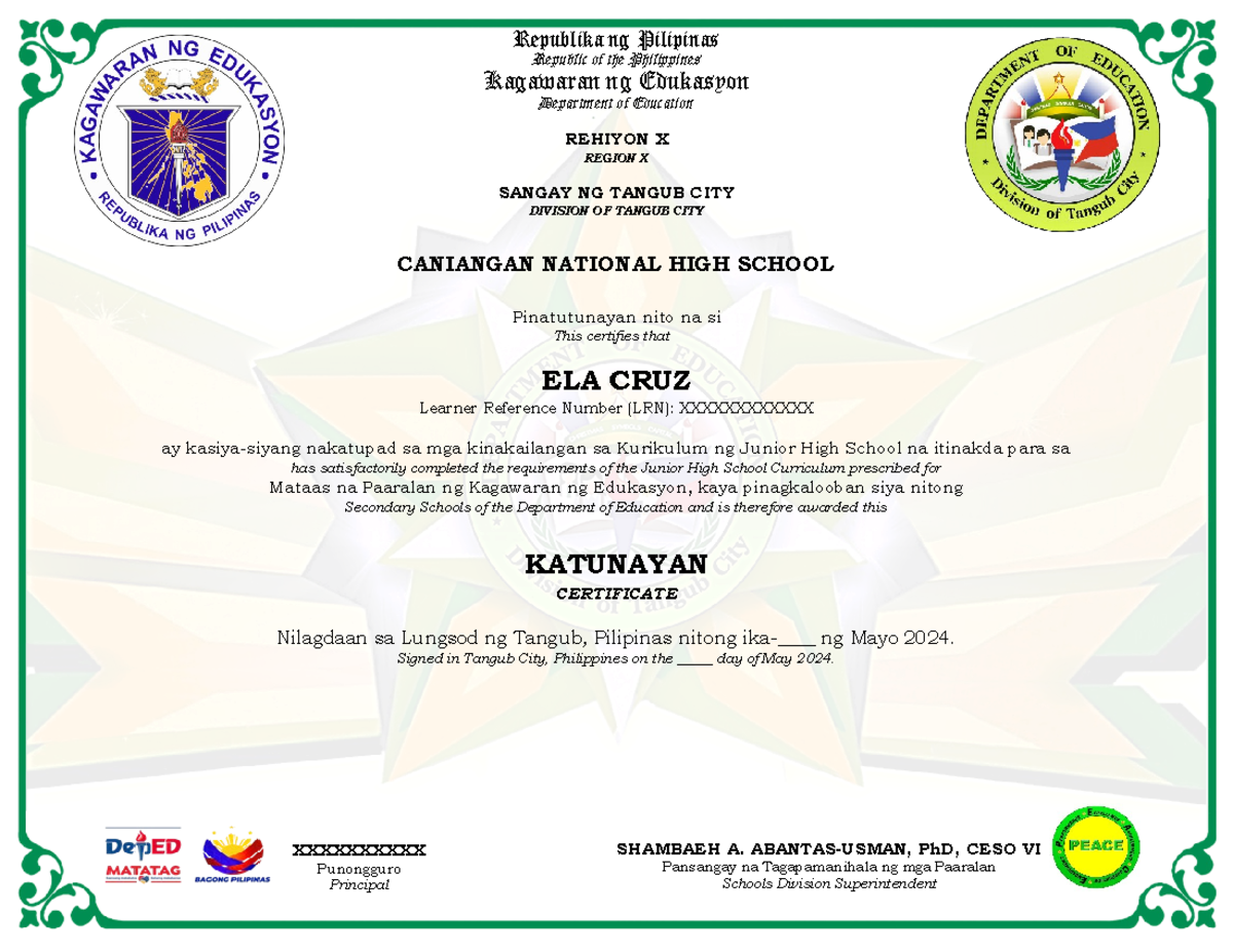 JHS Certificate of Completion New - XXXXXXXXXX Punongguro Principal ...
