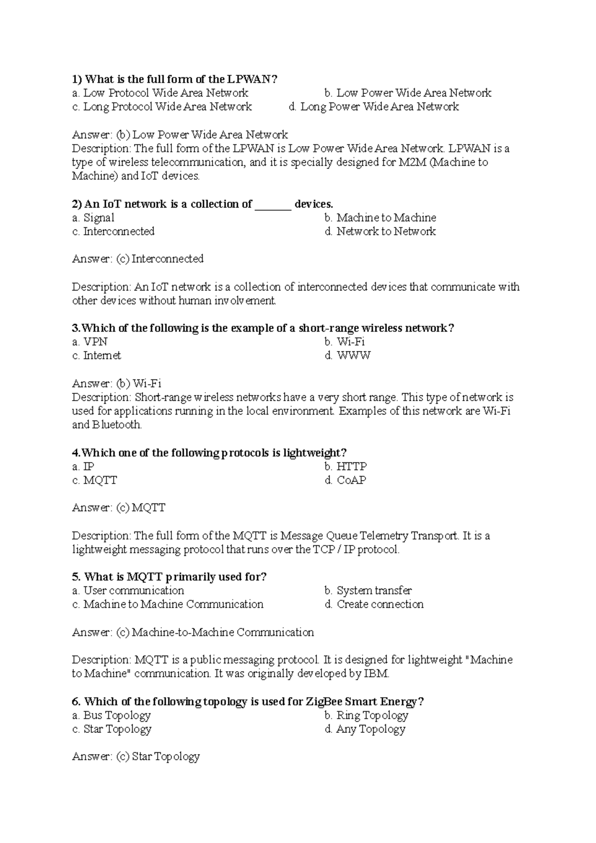 Io T123 - IoT - 1) What is the full form of the LPWAN? a. Low Protocol ...