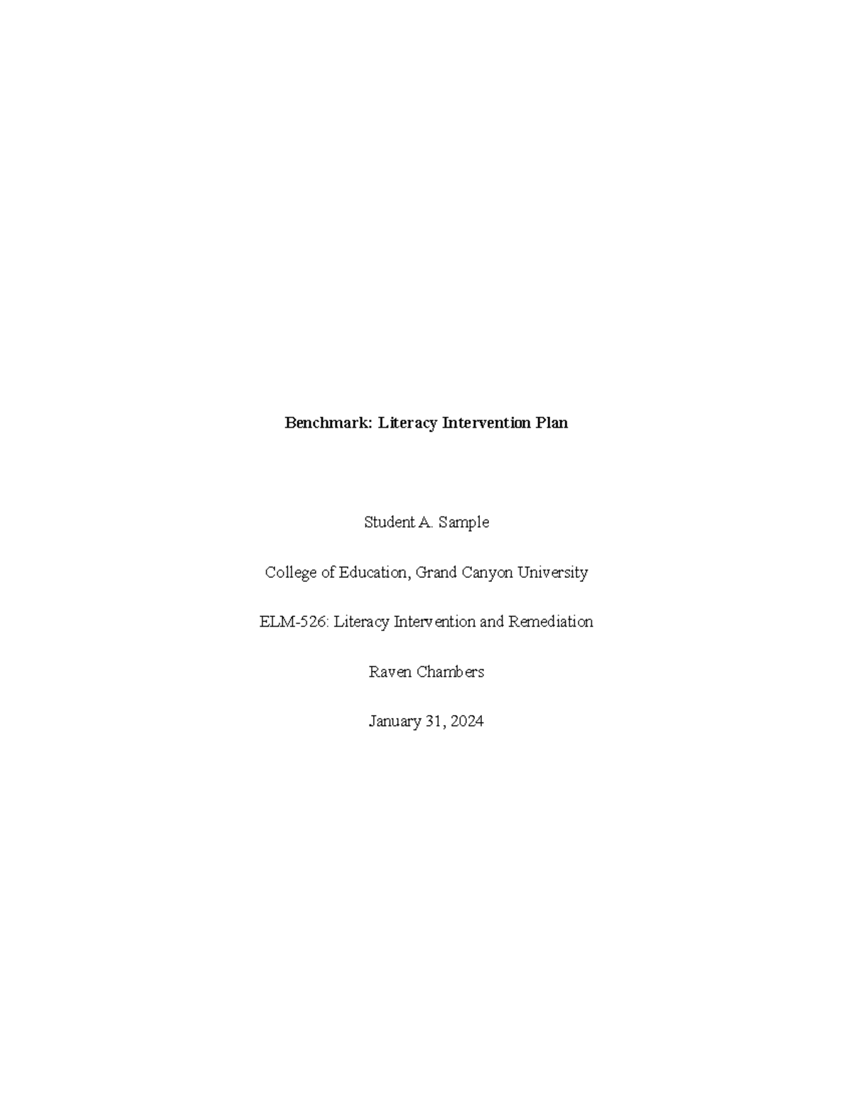 Benchmark 526 - Benchmark: Literacy Intervention Plan Student A. Sample ...