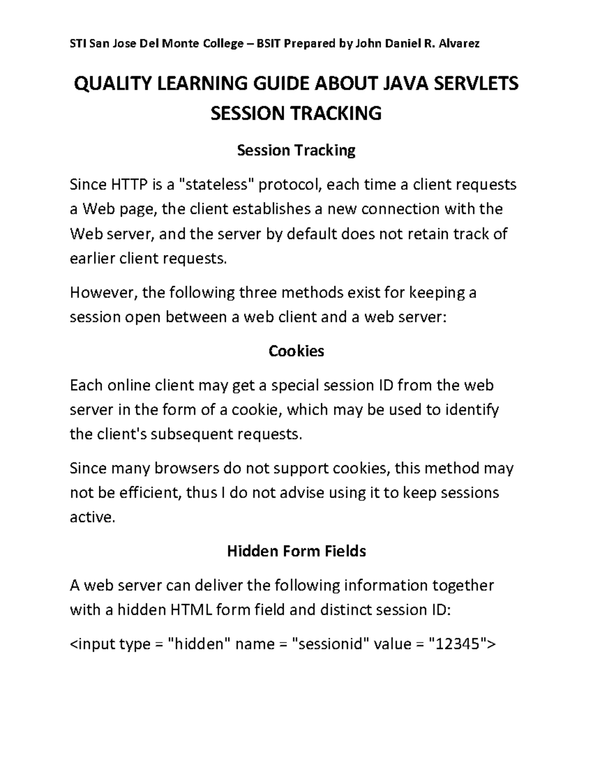 Quality Learning Guide About Java Servlets Session Tracking - QUALITY LEARNING GUIDE ABOUT JAVA ...