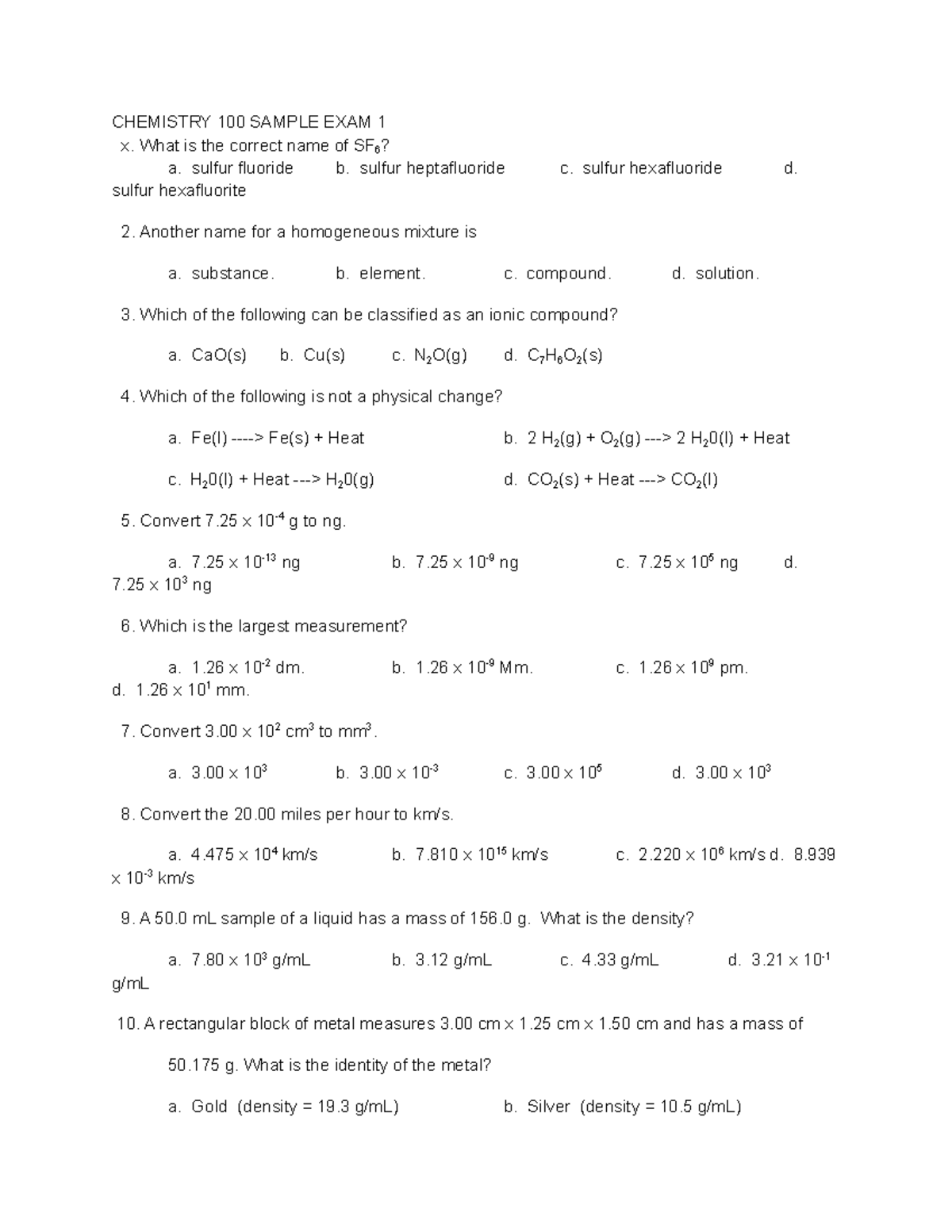 Untitled document - Practice for Chemistry test - CHEMISTRY 100 SAMPLE ...
