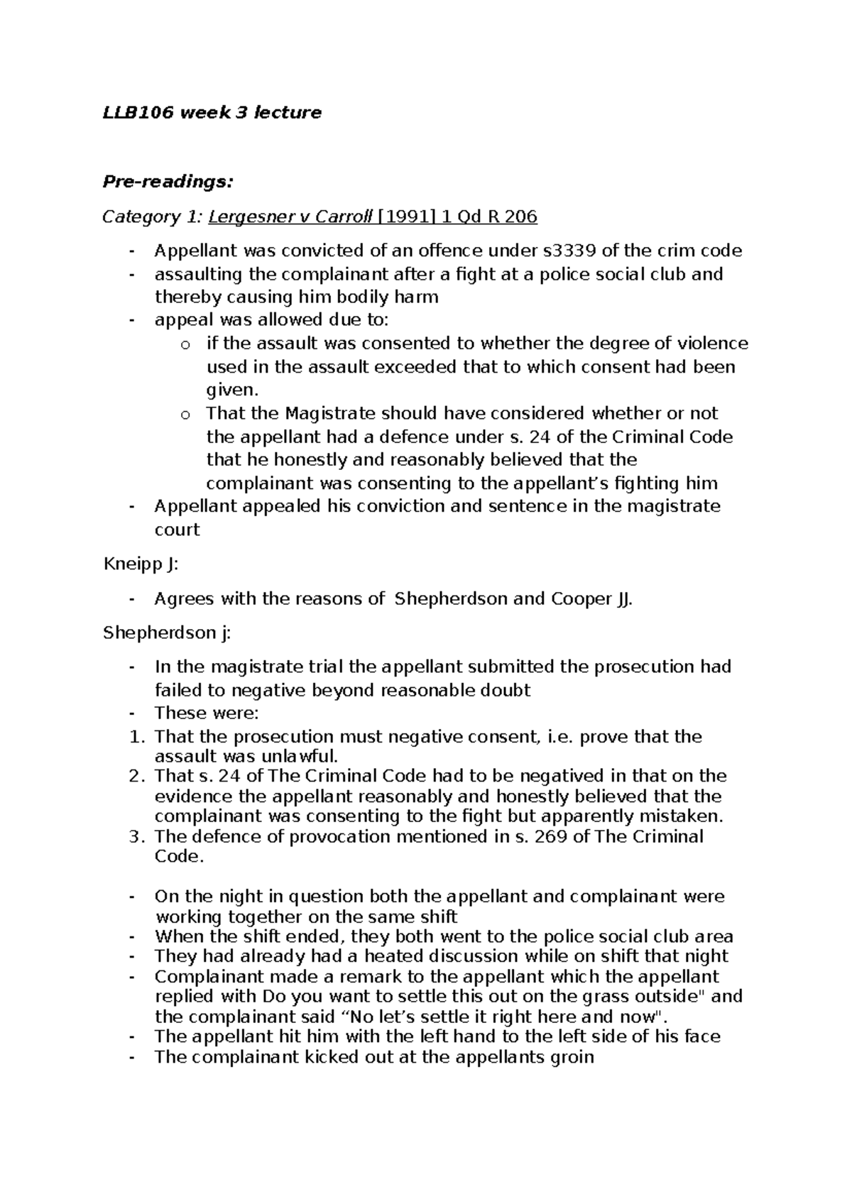 LLB106 week 3 lecture - LLB106 week 3 lecture Pre-readings: Category 1: Lergesner v Carroll ...