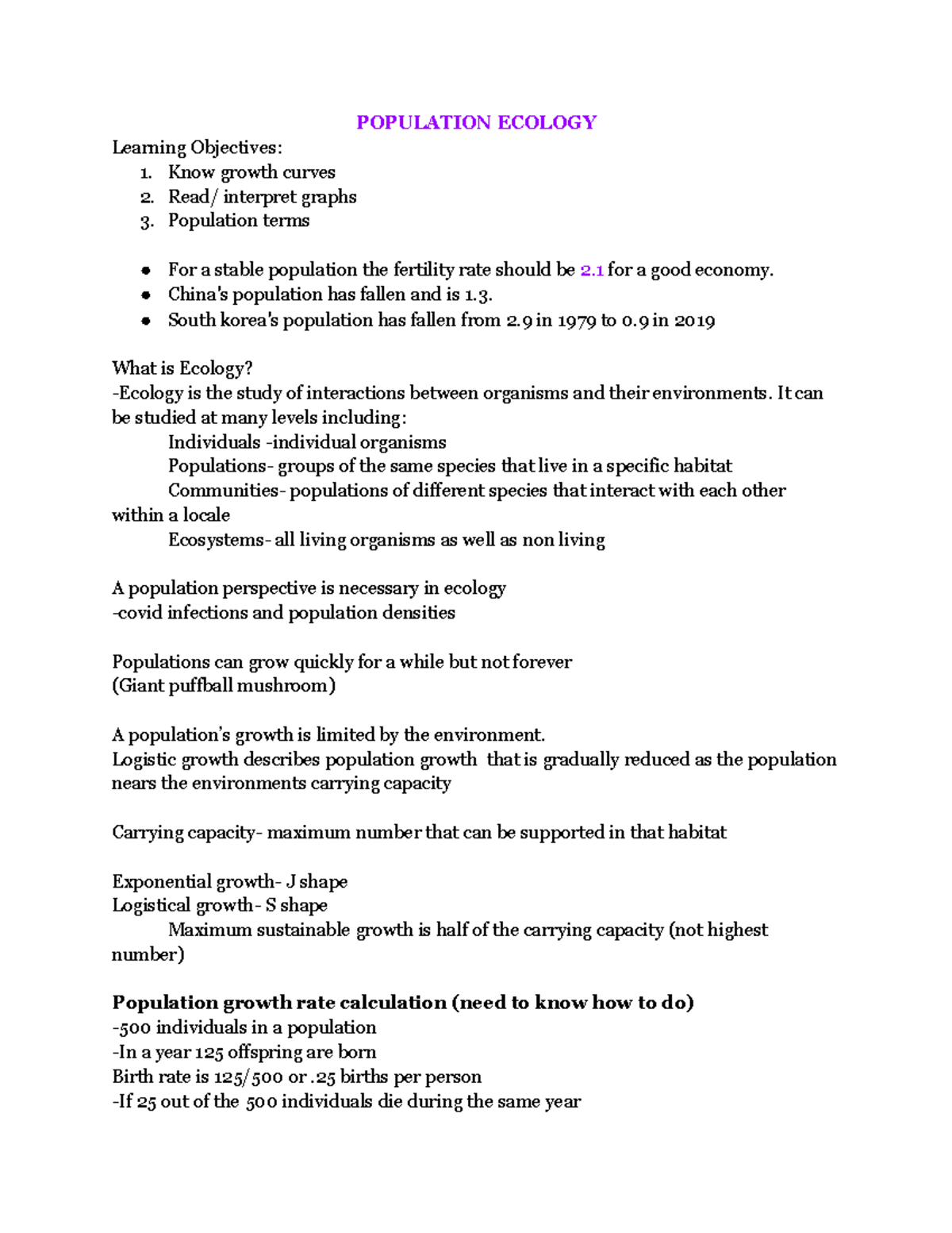 Population ecology Bio 101 notes - POPULATION ECOLOGY Learning ...