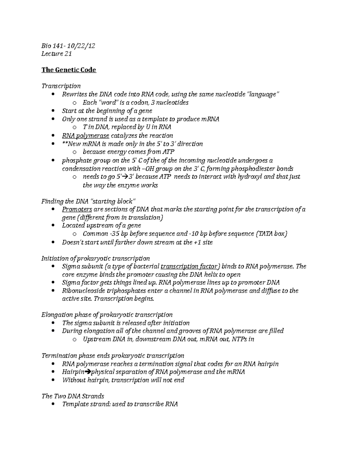 Lect 21- genetic code - Bio 141- 10/22/12 Lecture 21 The Genetic Code ...