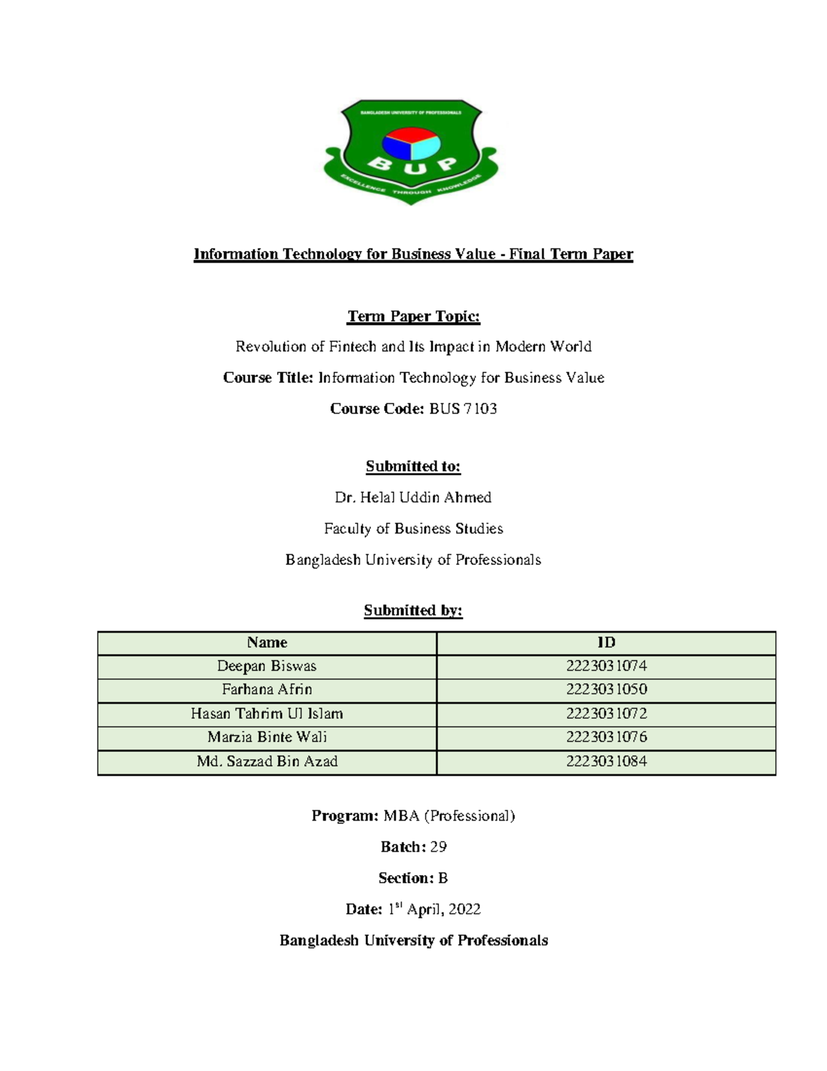 Fintech-Term Paper-Group 1 - Information Technology for Business Value ...