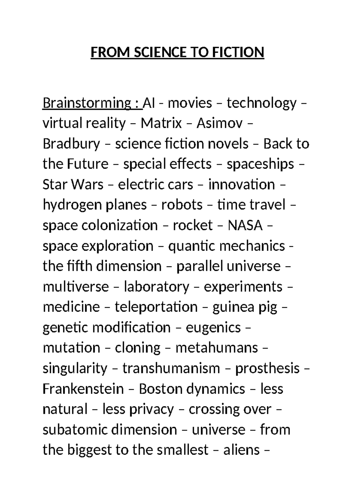 FROM Science TO Fiction - FROM SCIENCE TO FICTION Brainstorming : AI ...