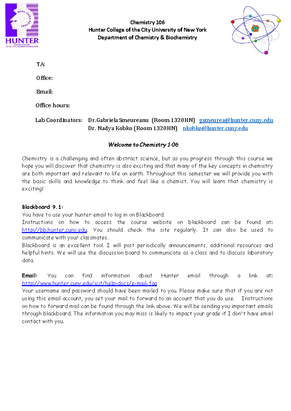 Chem 10600 general chemistry lab - Chemistry 106 Hunter College of the ...