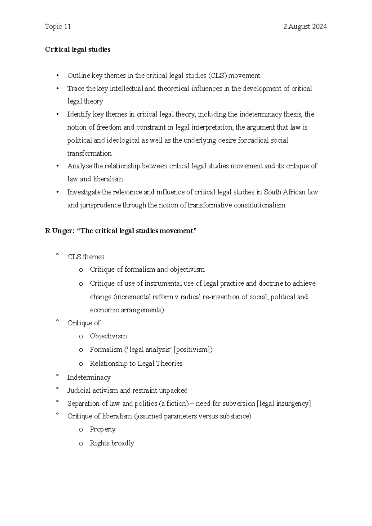 Topic 11 - slides and summary - Critical legal studies - Outline key ...