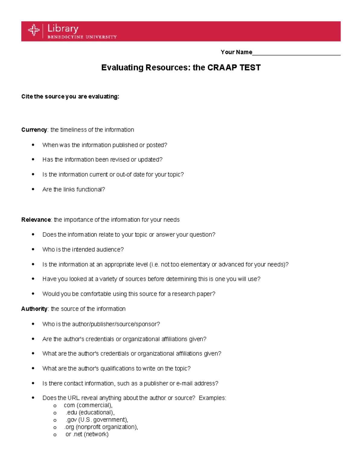 Craap Checklist - critical thinking - Your Name ...