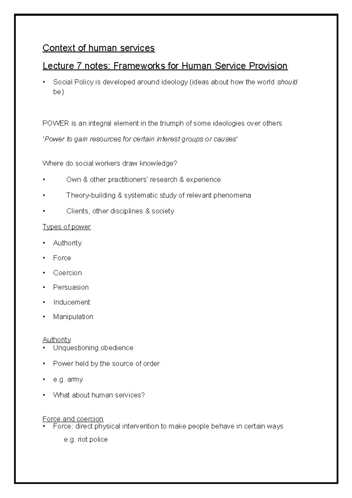 Lecture 7 - Context of human services Lecture 7 notes: Frameworks for ...