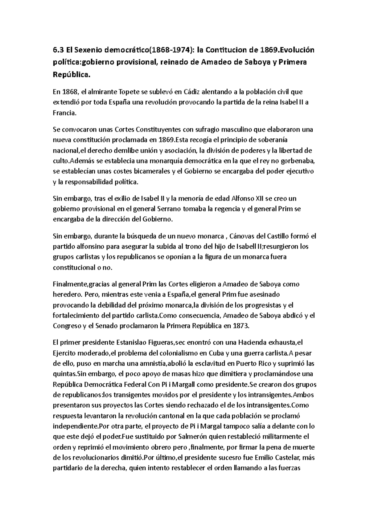 BLOQUE 6.3 HISTORIA - 6 El Sexenio democrático(1868-1974): la Contitucion de 1869ón - Studocu