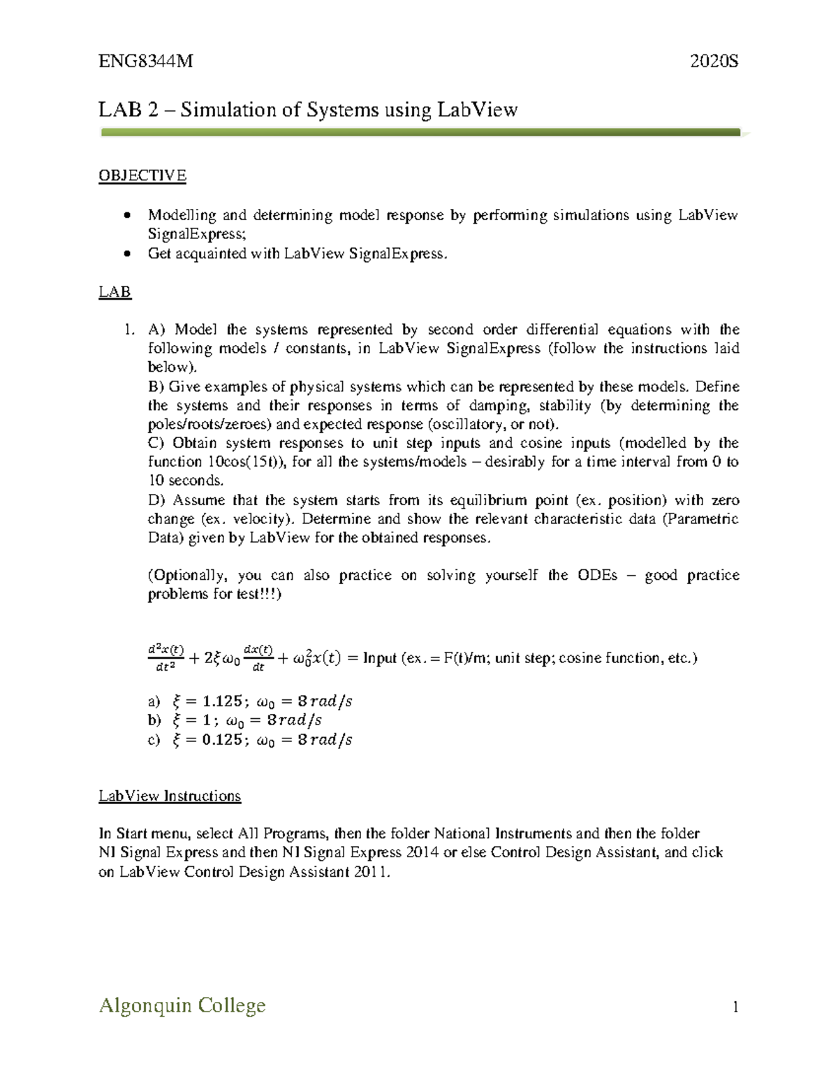 Lab2 - Modelling and determining model response by performing simulations using LabView - Studocu