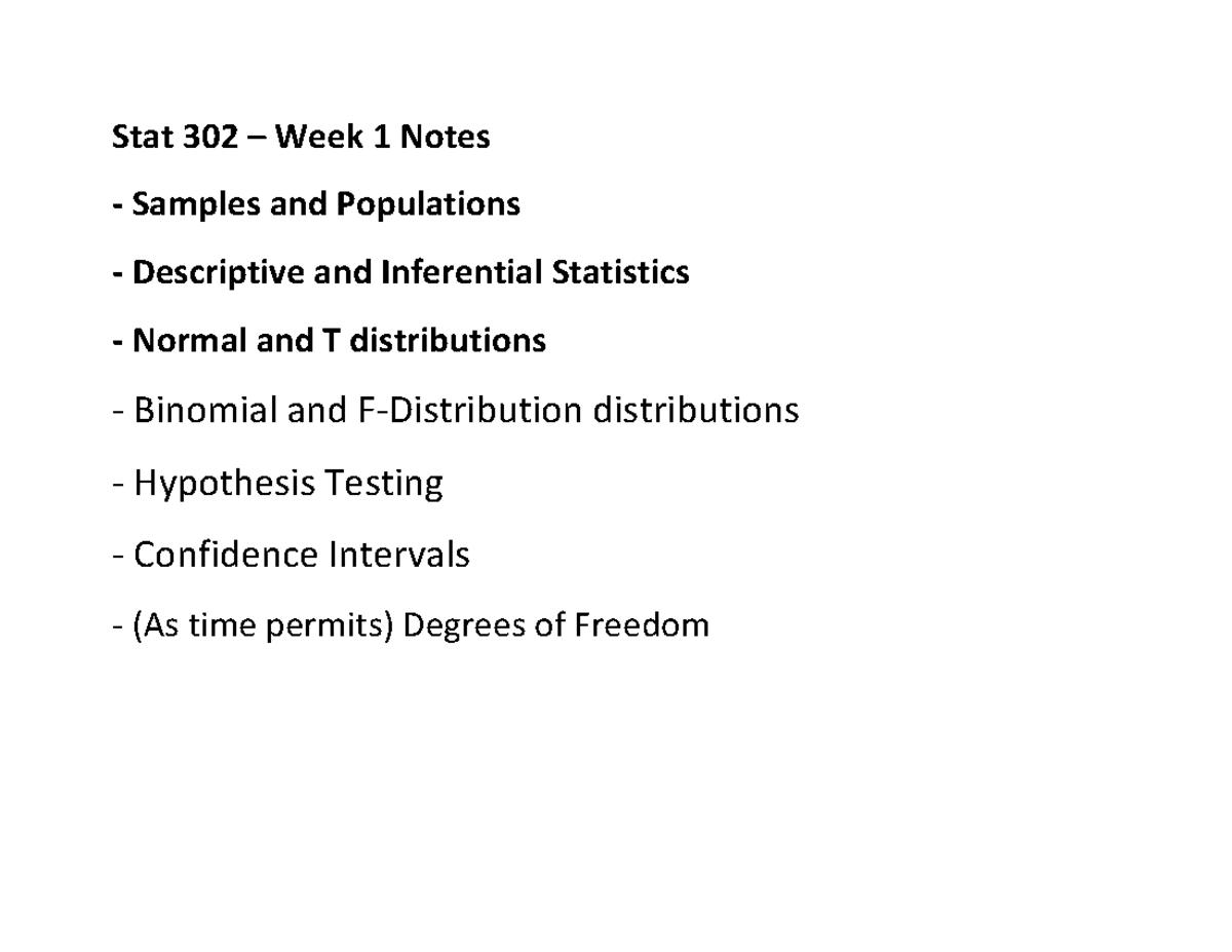 Stat 302 Week 01 May 7 9 Notes - Stat 302 Week 1 Notes Samples and ...
