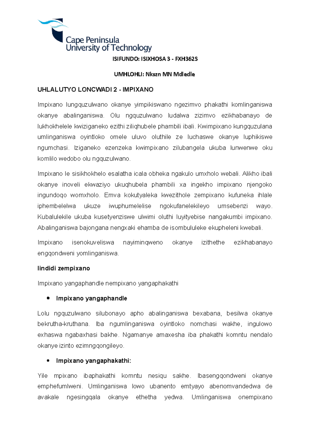 Uhlalutyo Loncwadi 2 - Impixano - ISIFUNDO: ISIXHOSA 3 - FXH362S ...