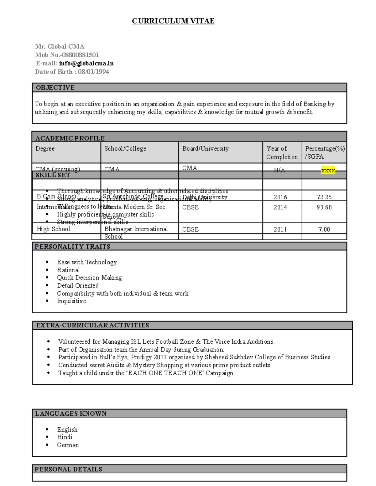 Fresher-CV-5 - It is good to show - CURRICULUM VITAE Mr. Global CMA Mob ...